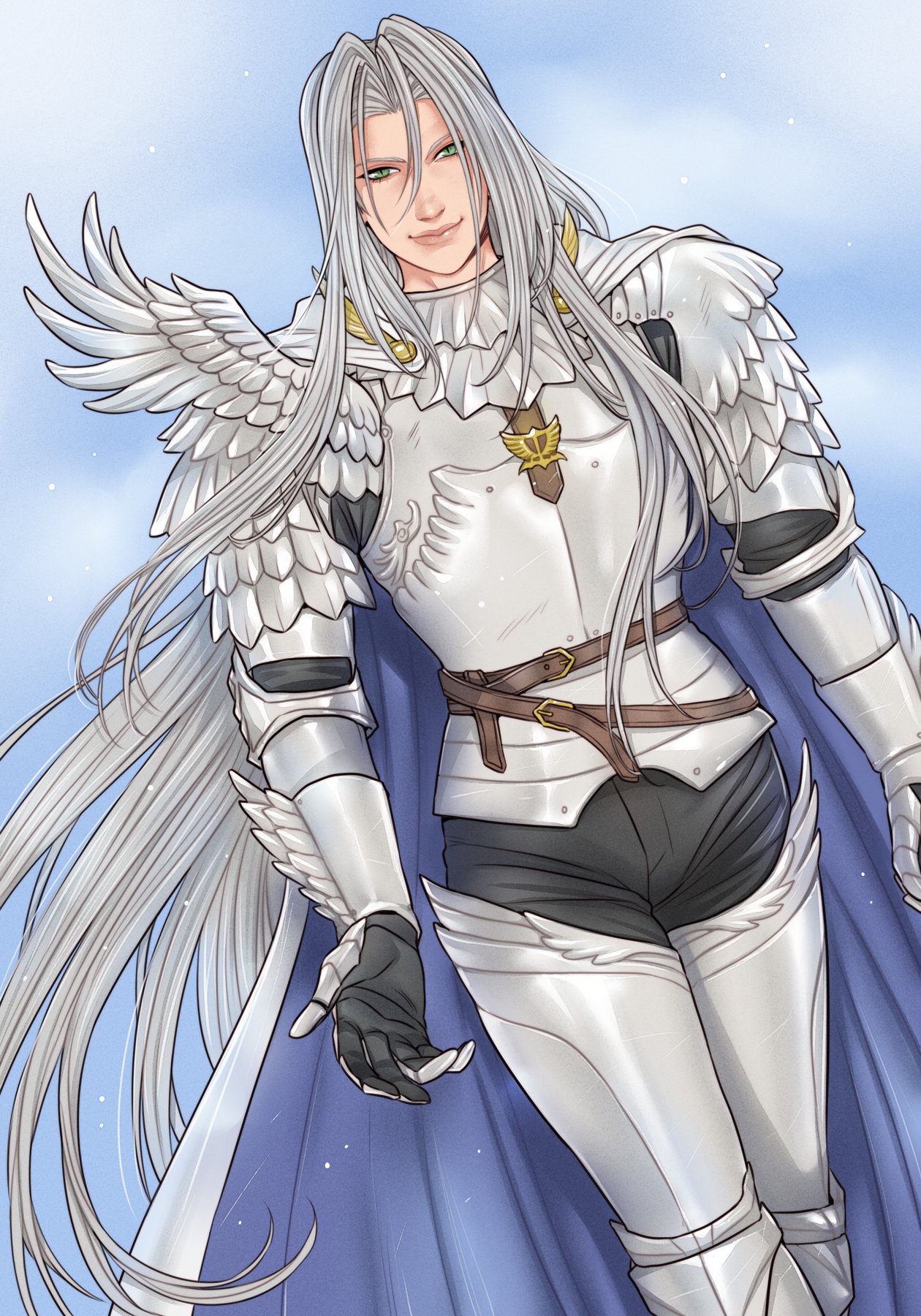 Safebooru - 1boy aqua eyes armor berserk black gloves blue background ...