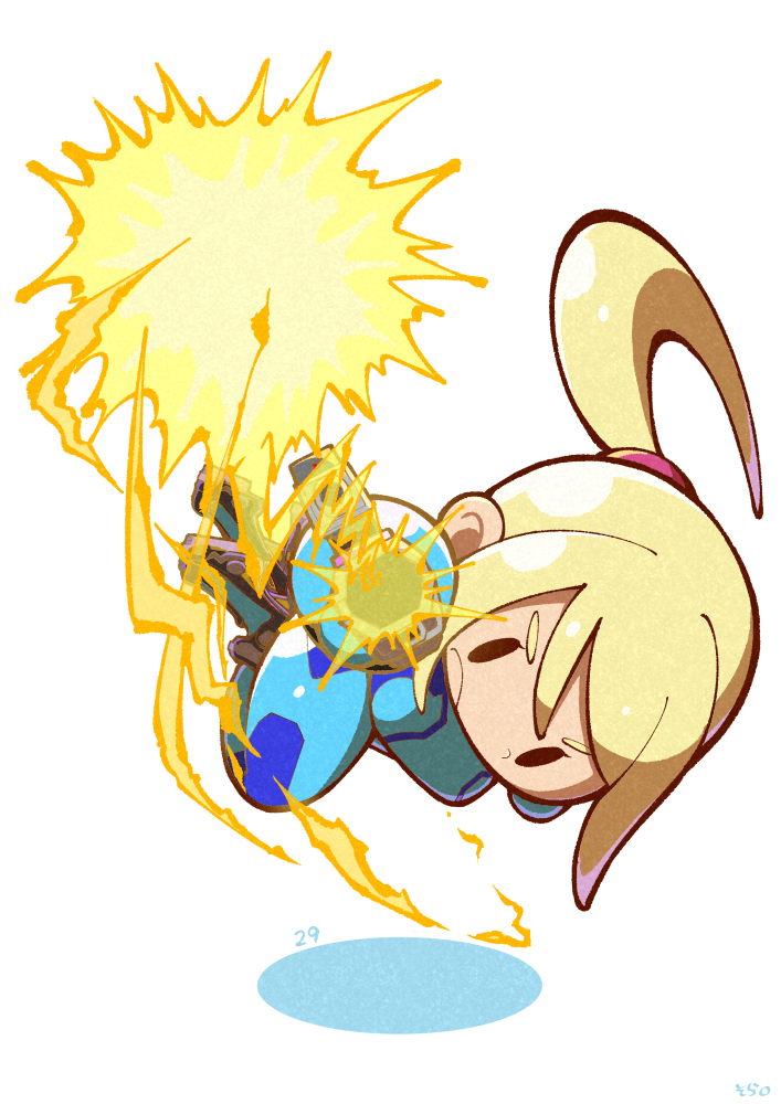 Safebooru - 04sora40 1girl blonde hair blue bodysuit bodysuit chibi closed mouth energy gun full ...