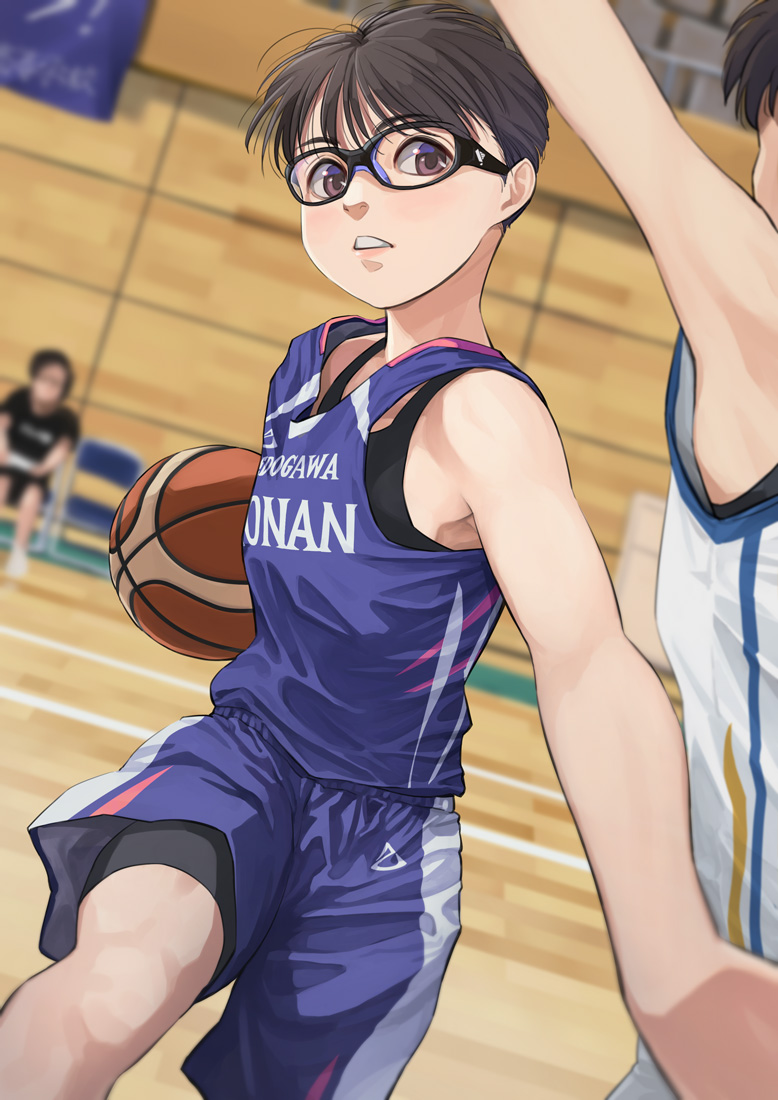 Safebooru - 3girls arms up ball basketball basketball (object) basketball uniform black-framed ...