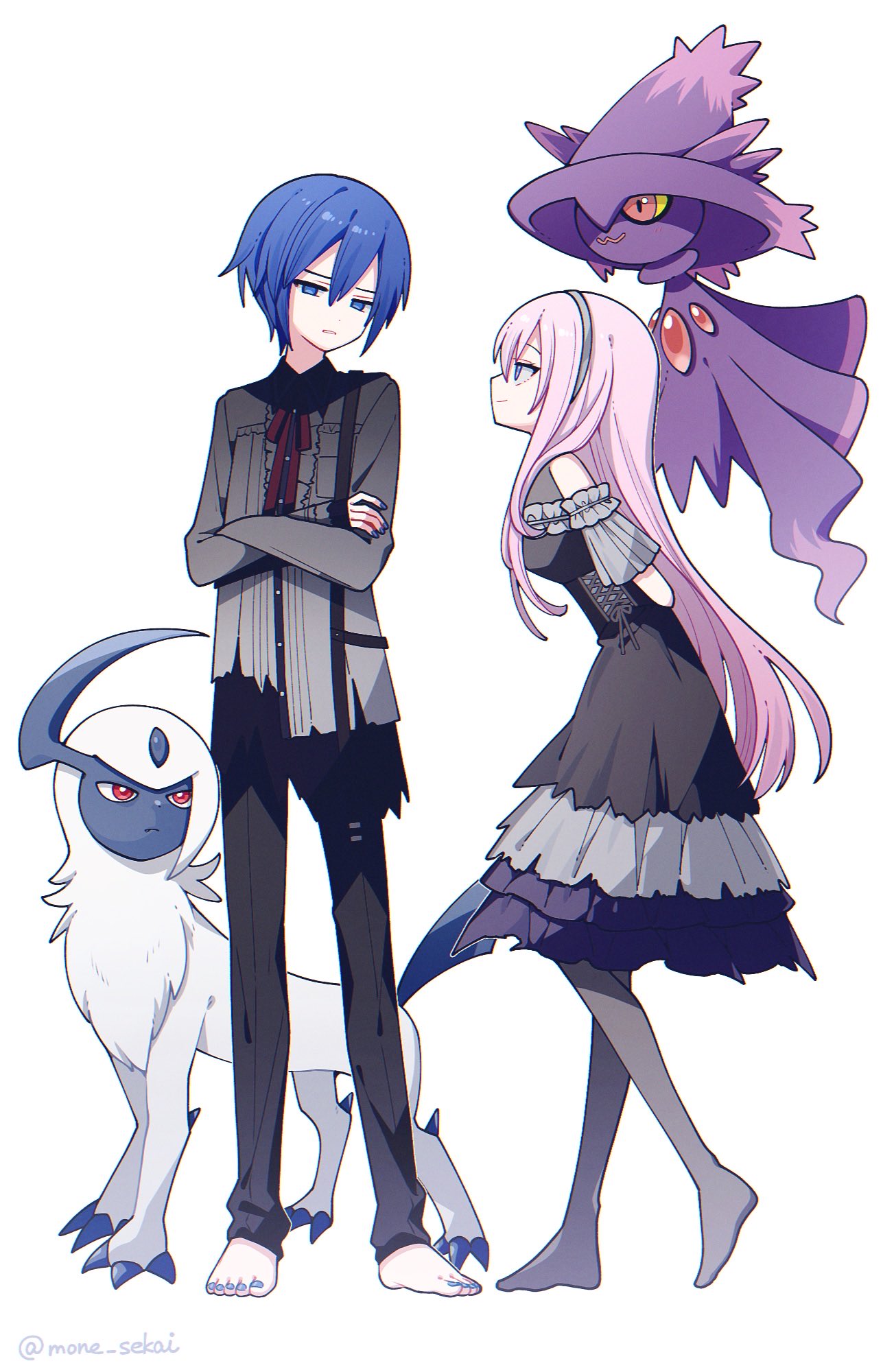 Safebooru - 1boy 1girl 25-ji kaito 25-ji luka absol animal nose arms behind back bare shoulders ...
