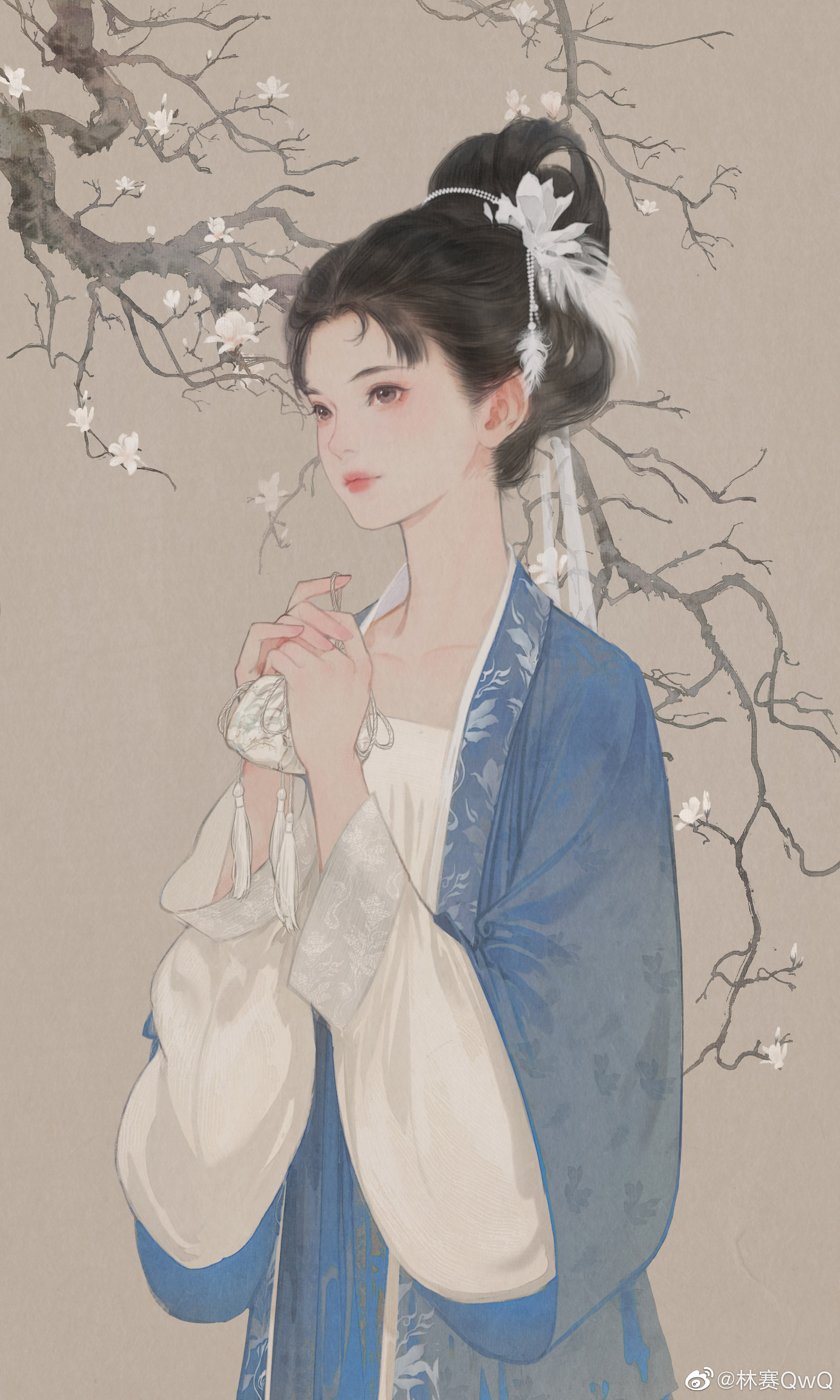 Safebooru - 1girl absurdres bag beads black hair blue jacket blue skirt branch brown background ...