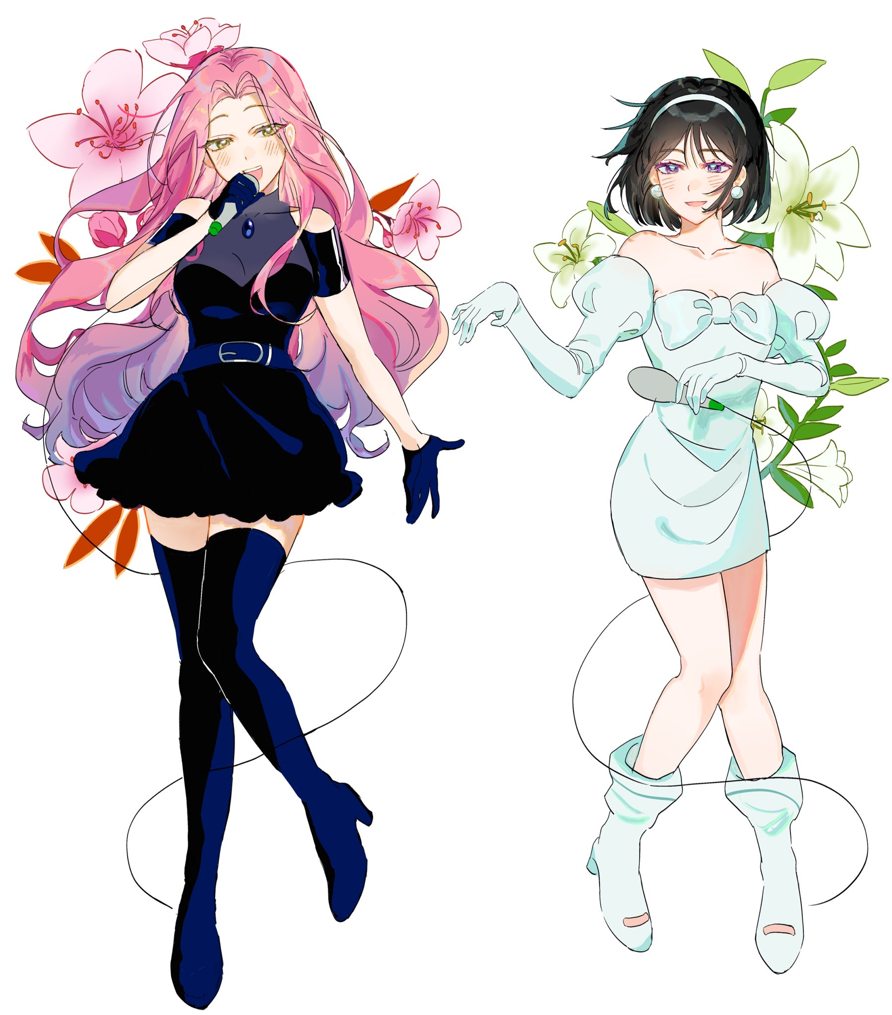 Safebooru - 2girls alien stage belt black belt black dress black gloves black hair black ...