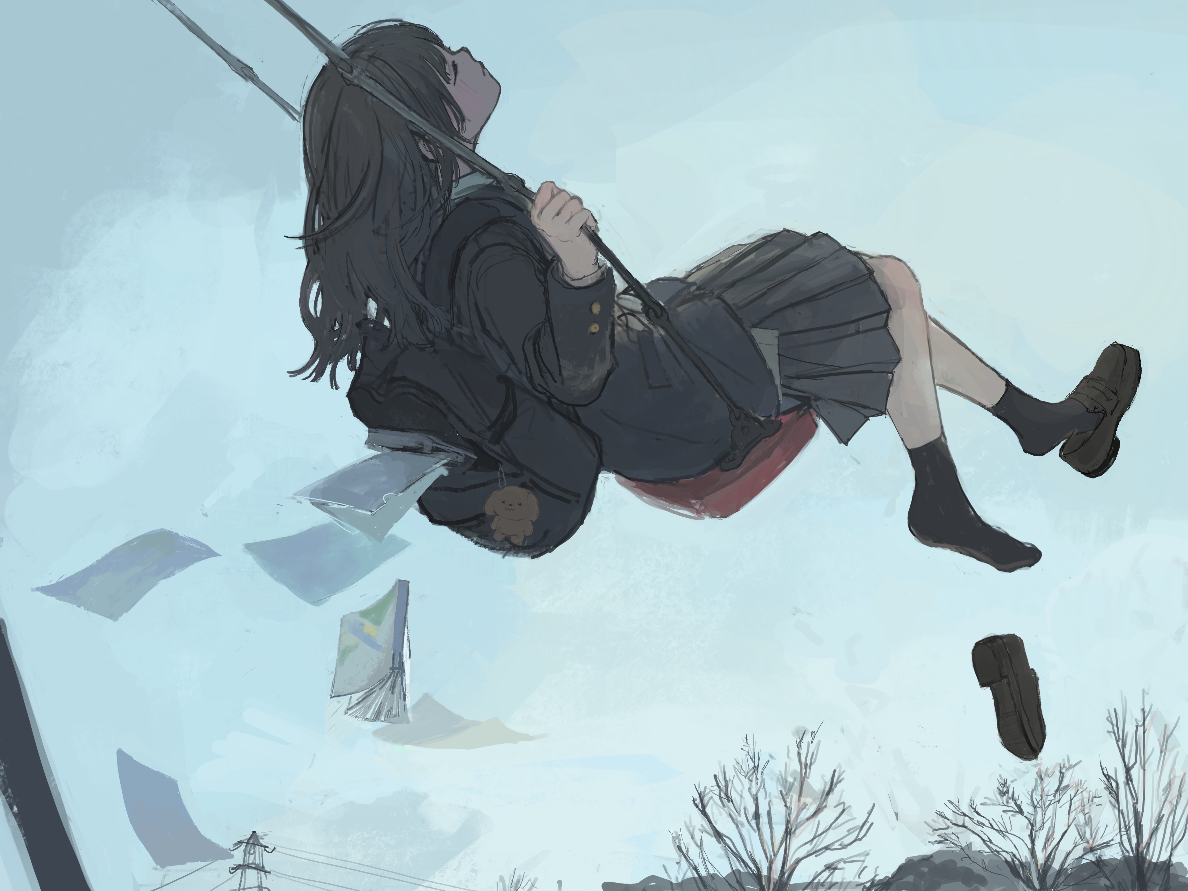 Safebooru - 1girl 62 retas absurdres backpack bag bag charm bare tree black bag black hair black ...