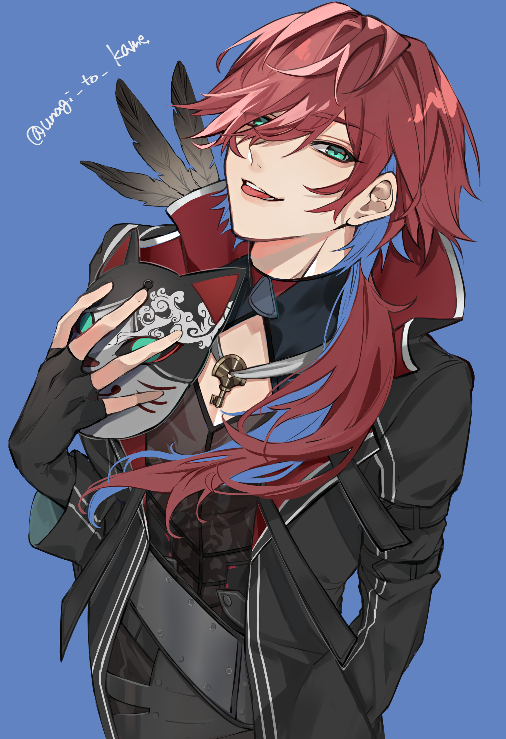 Safebooru - 1boy absurdres aqua eyes black jacket black pants black shirt blue background blue ...