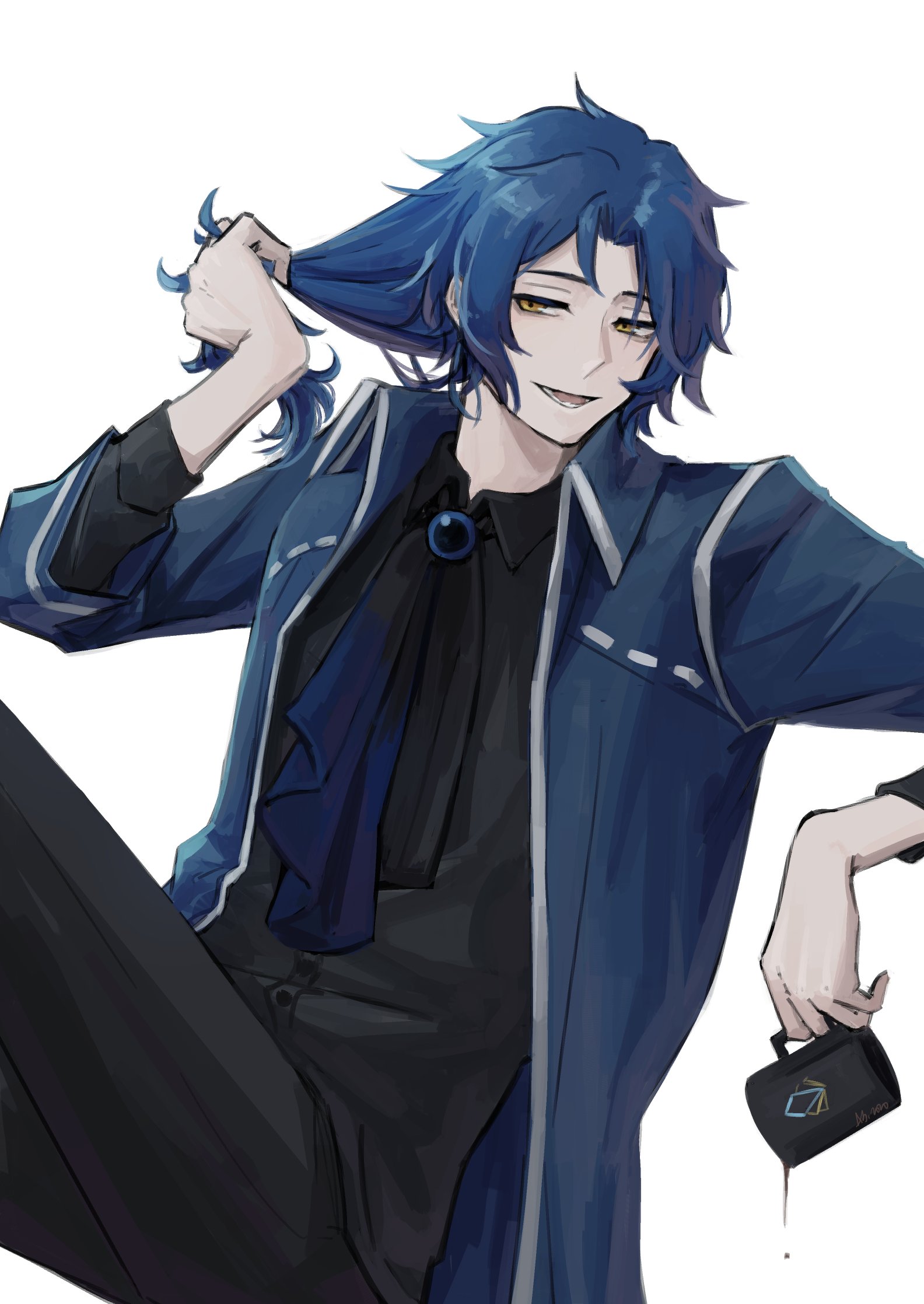Safebooru - 1boy black pants black shirt blue coat blue gemstone blue hair chesed (project moon ...