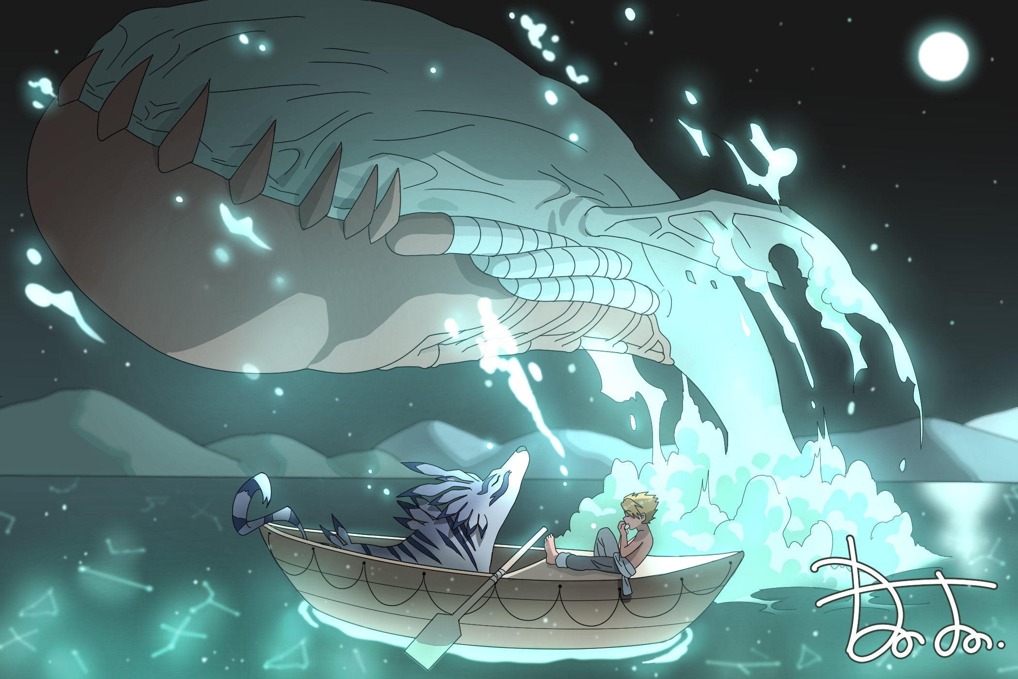 Safebooru - 1boy 2others barefoot blonde hair boat digimon digimon ...
