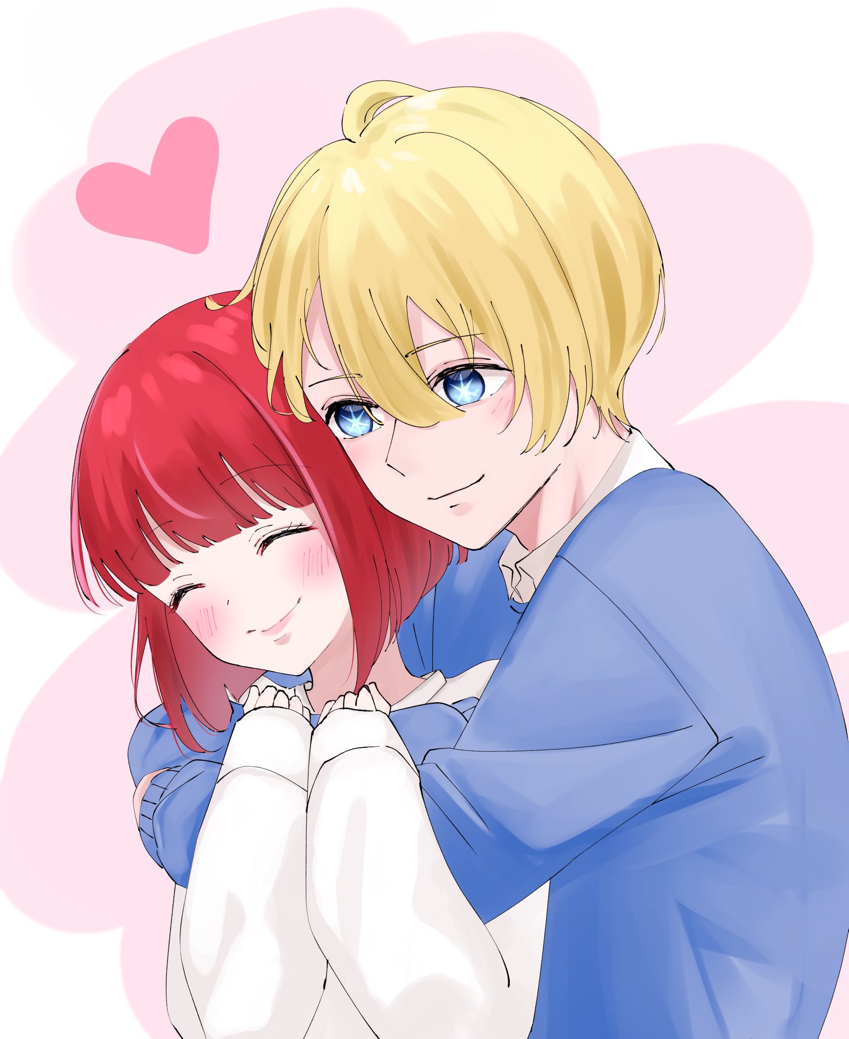 Safebooru - 1boy 1girl arima kana blonde hair blue eyes blue shirt bob cut closed mouth collar ...