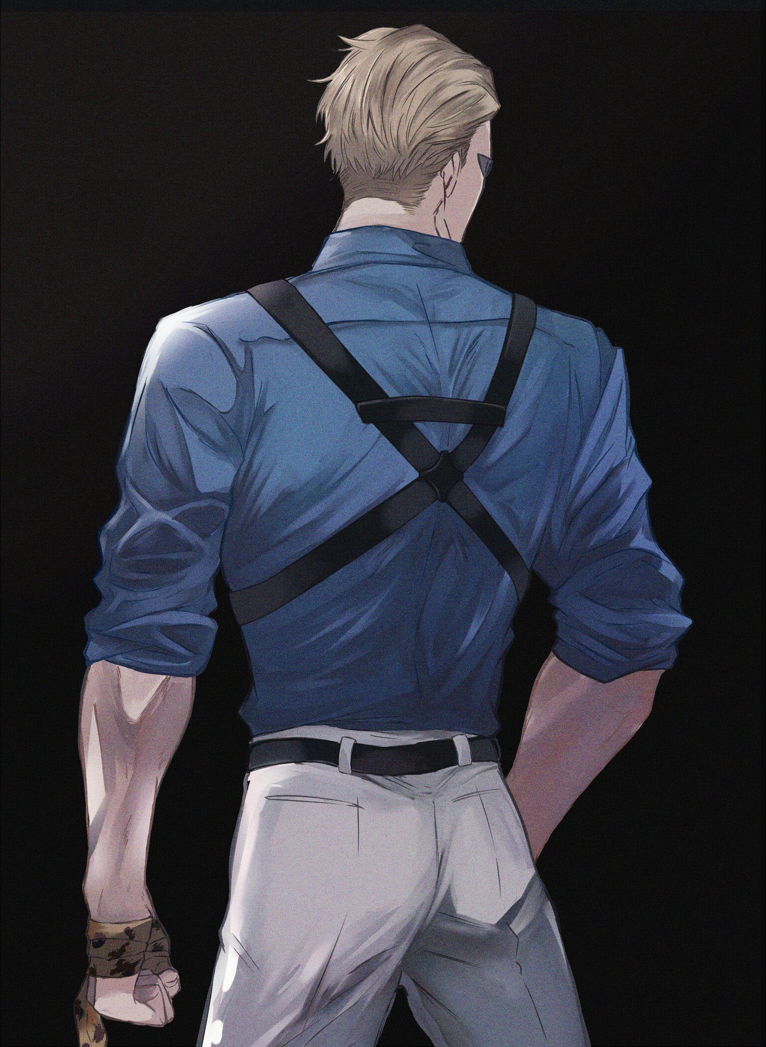 Safebooru - 1boy animal print ass belt black background black belt blonde hair blue shirt ...