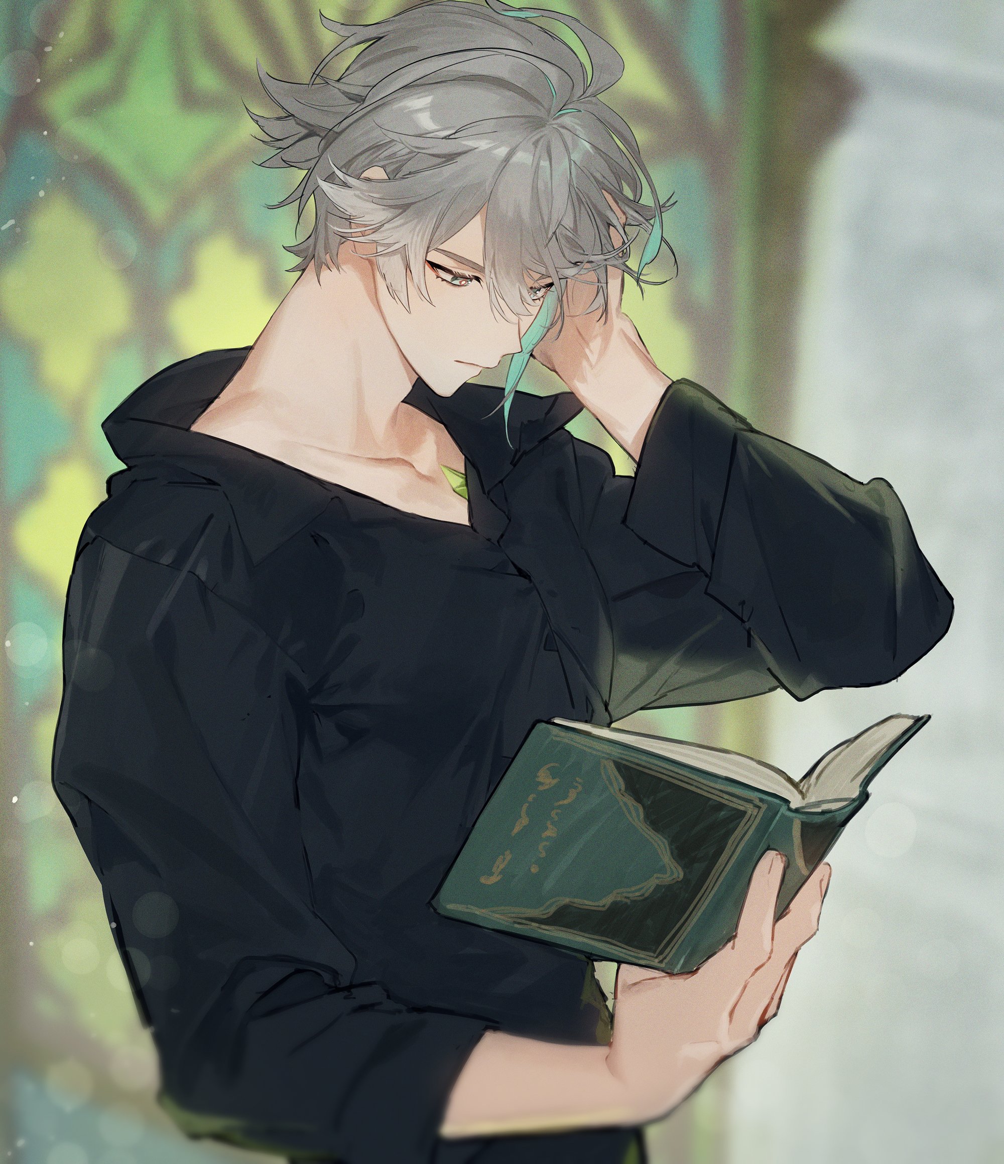 Safebooru - 1boy alhaitham (genshin impact) black shirt blurry blurry background book chest ...