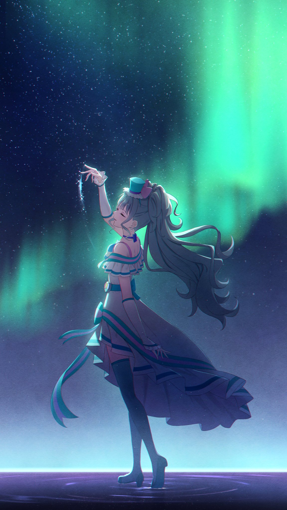 Safebooru - 1girl aqua dress aqua hair aqua shoes aqua thighhighs arm up arm warmers aurora bow ...