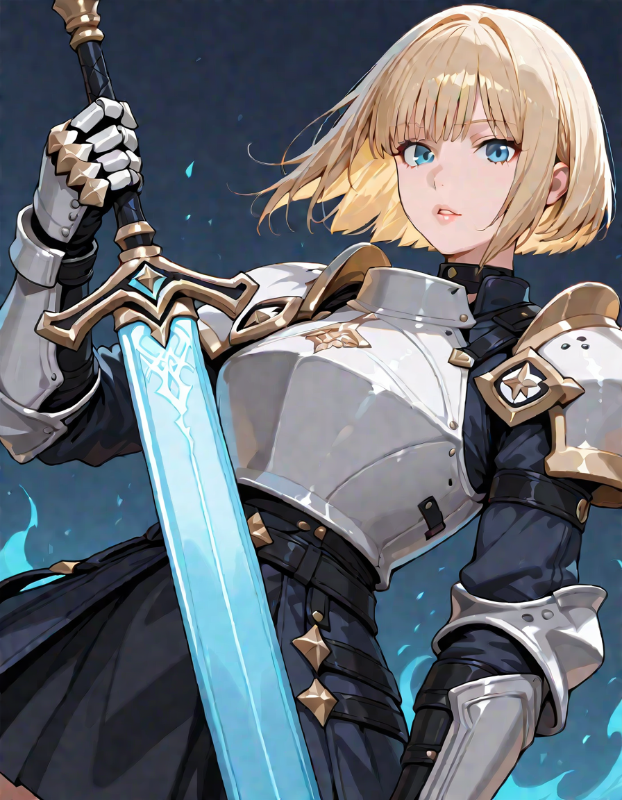 Safebooru - 1girl ai-generated armor blonde hair blue eyes breastplate gauntlets holding holding ...