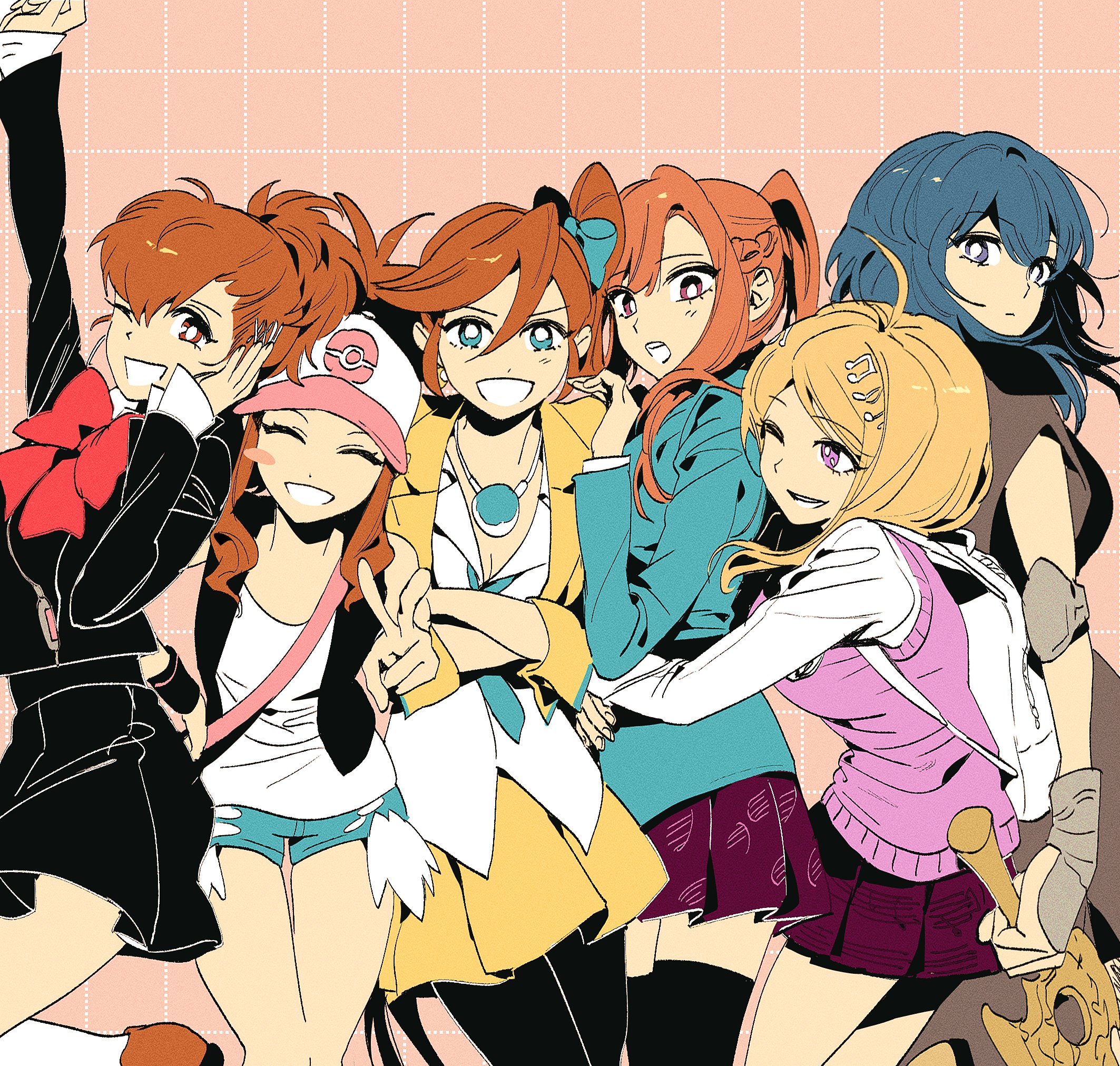 Safebooru - 6+girls ace attorney ahoge akamatsu kaede arm up athena cykes baseball cap black ...