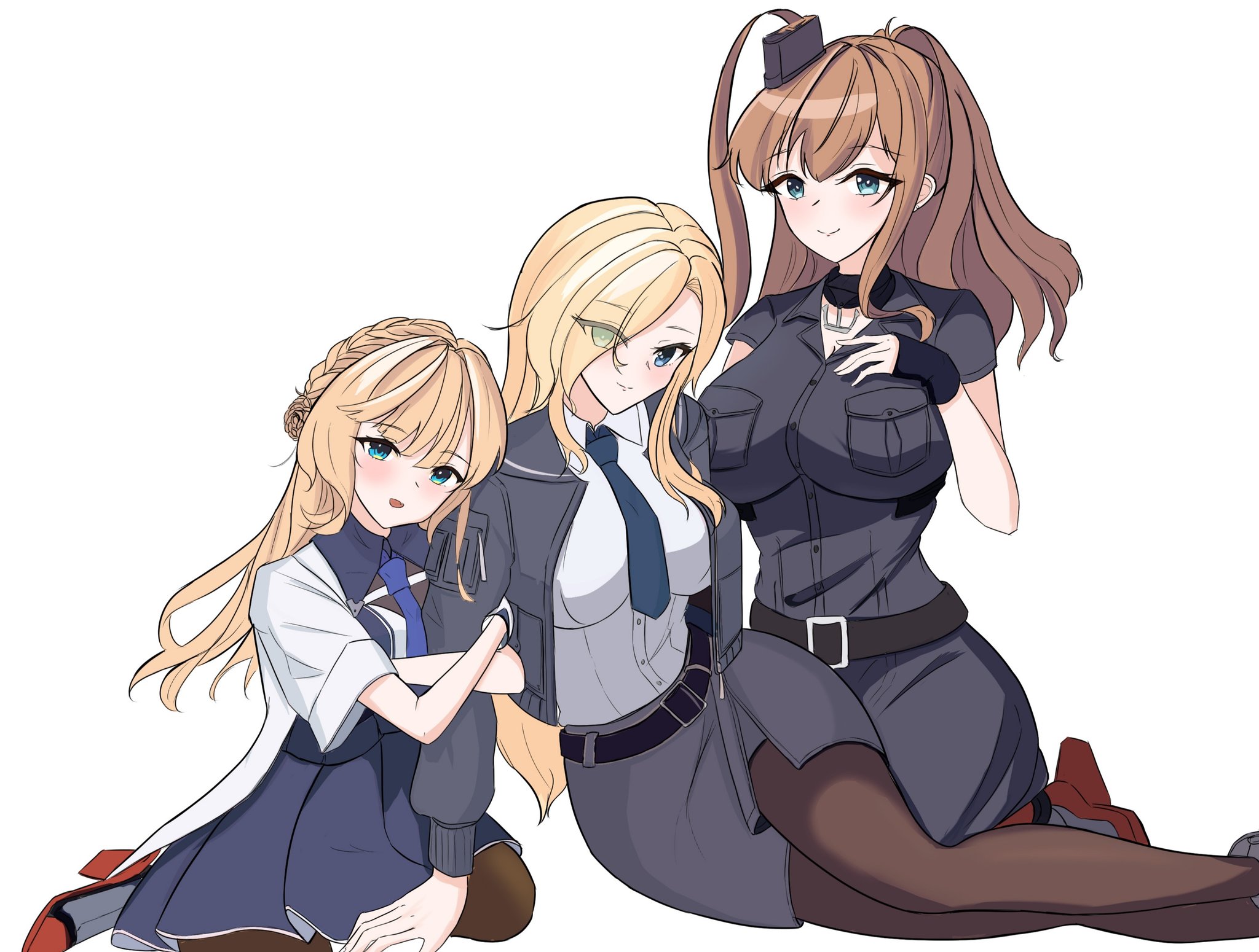 Safebooru - 3girls belt black belt black dress black gloves black jacket black necktie black ...