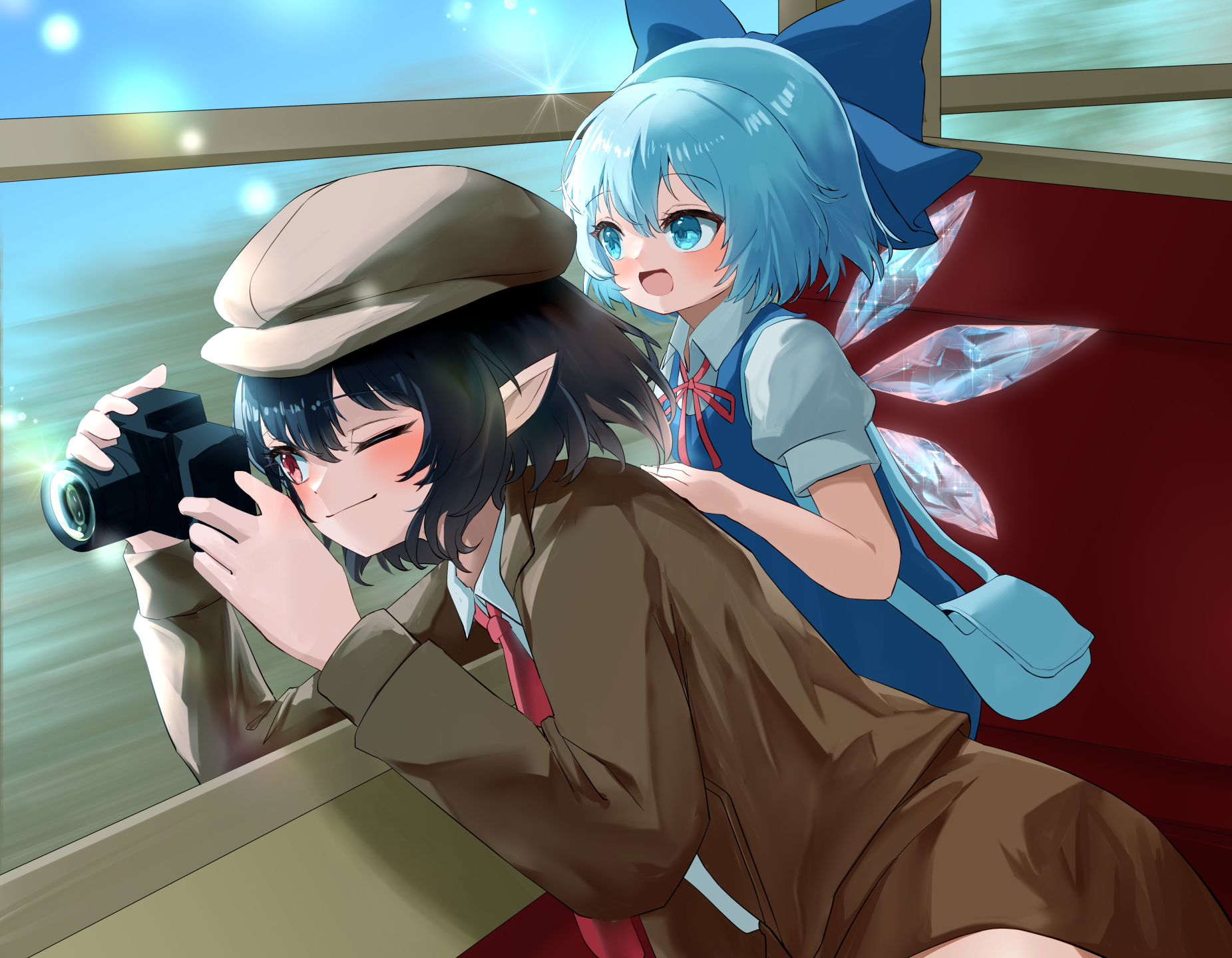 Safebooru - 2girls black hair blue bow blue dress blue hair bow brown coat brown headwear camera ...