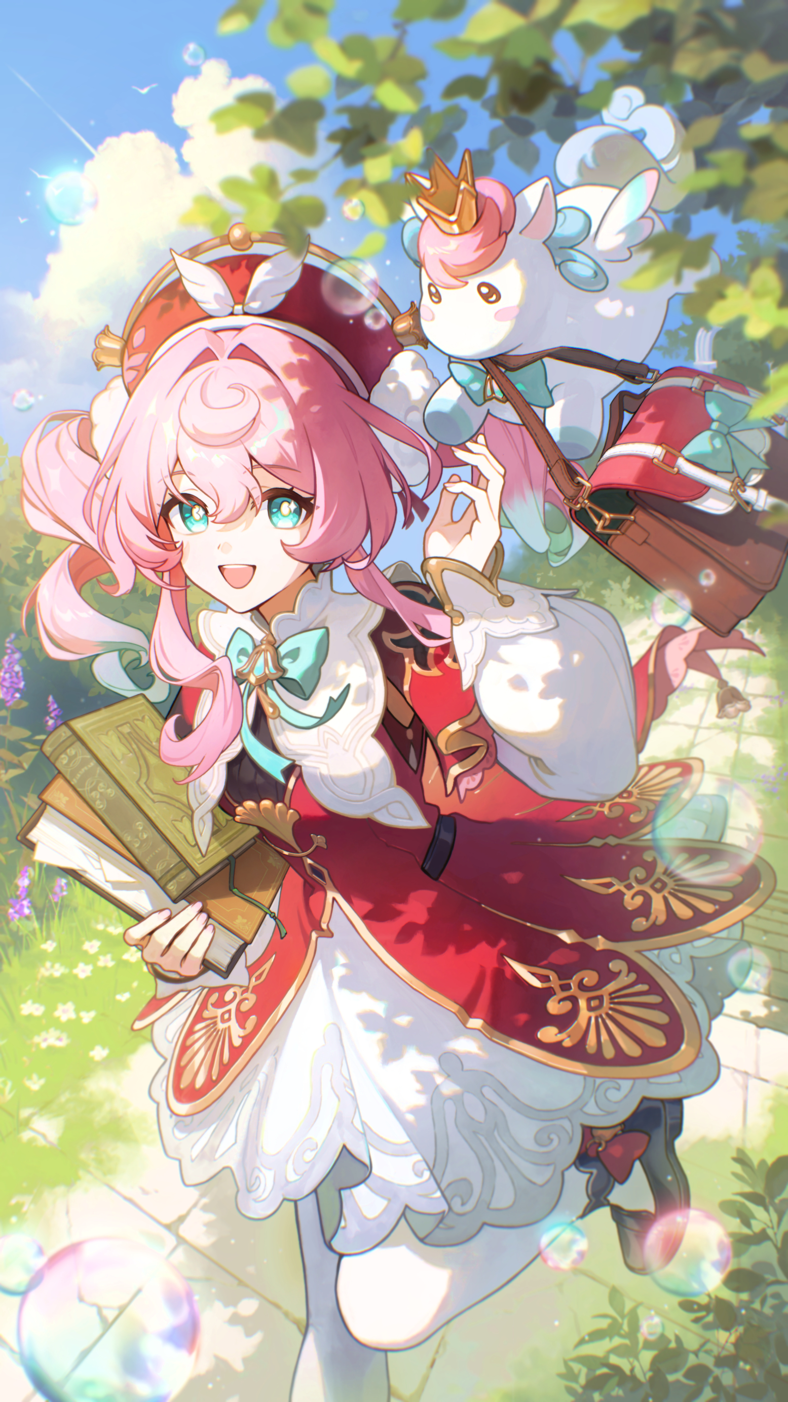 Safebooru - 1girl absurdres air bubble aqua hair black shoes book ...