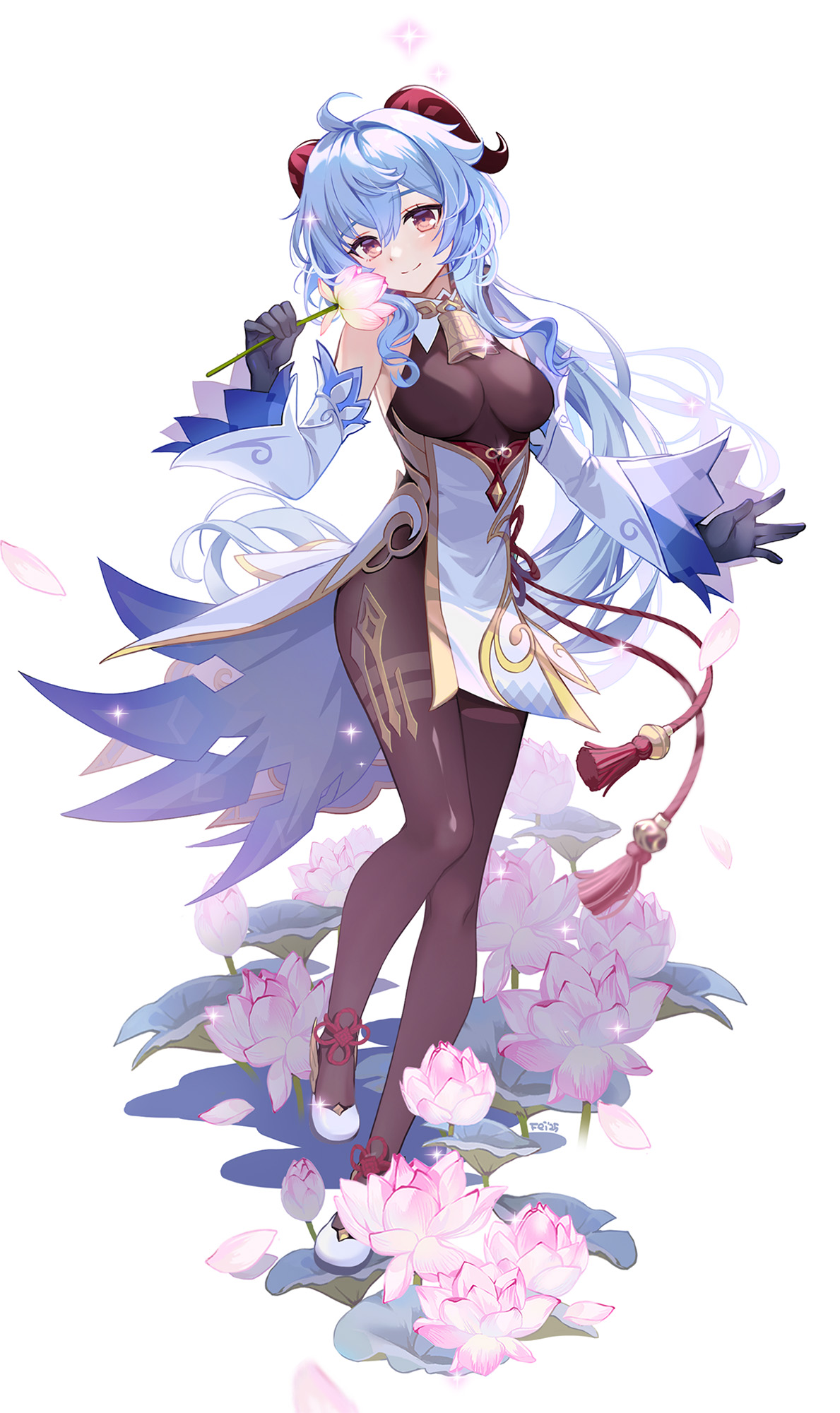 Safebooru - 1girl ahoge bare shoulders bell black pantyhose blue gloves blue hair breasts ...