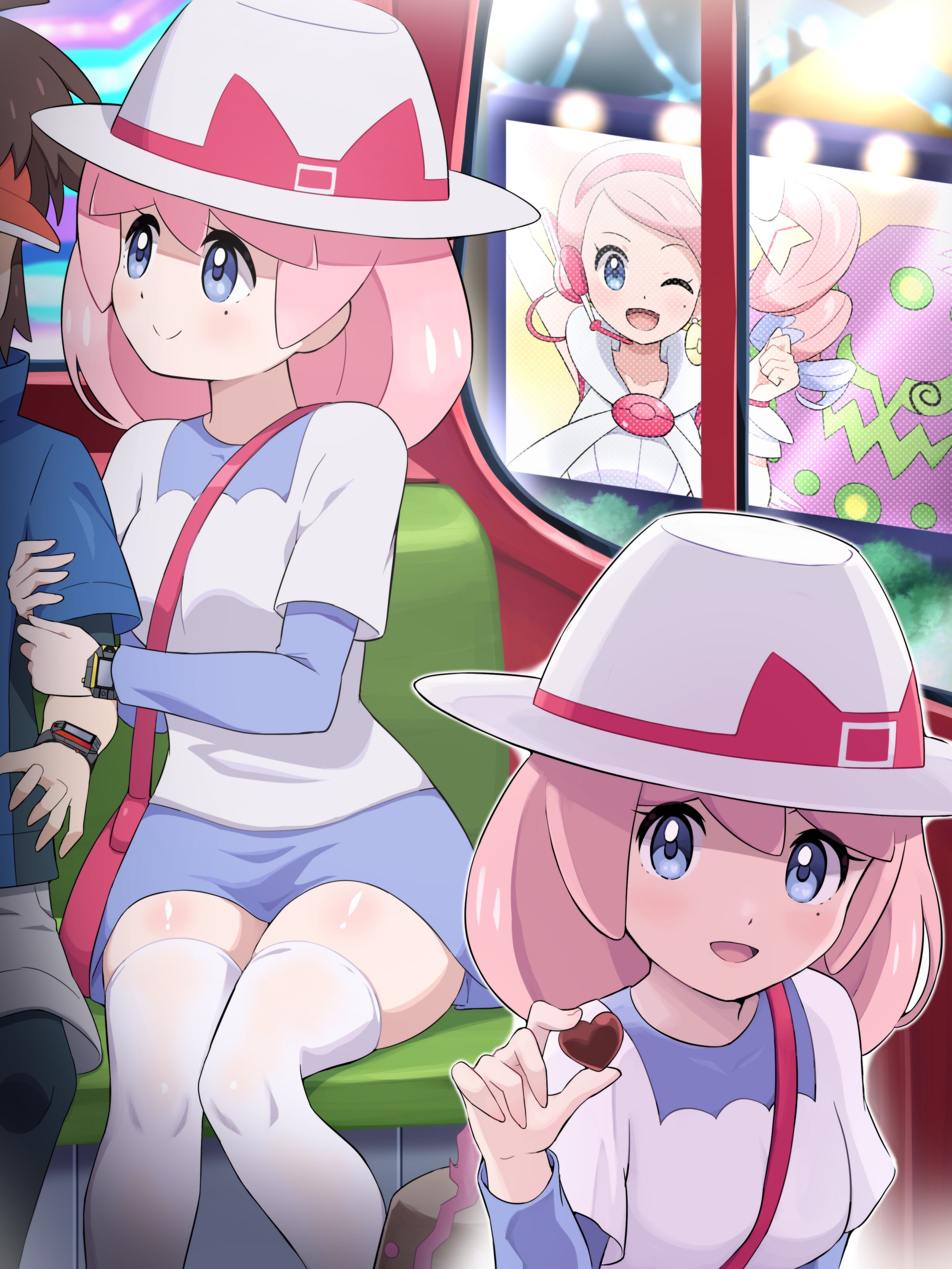 Safebooru - 1boy 1girl absurdres bag blue eyes blue jacket blue skirt blush bodysuit bodysuit ...