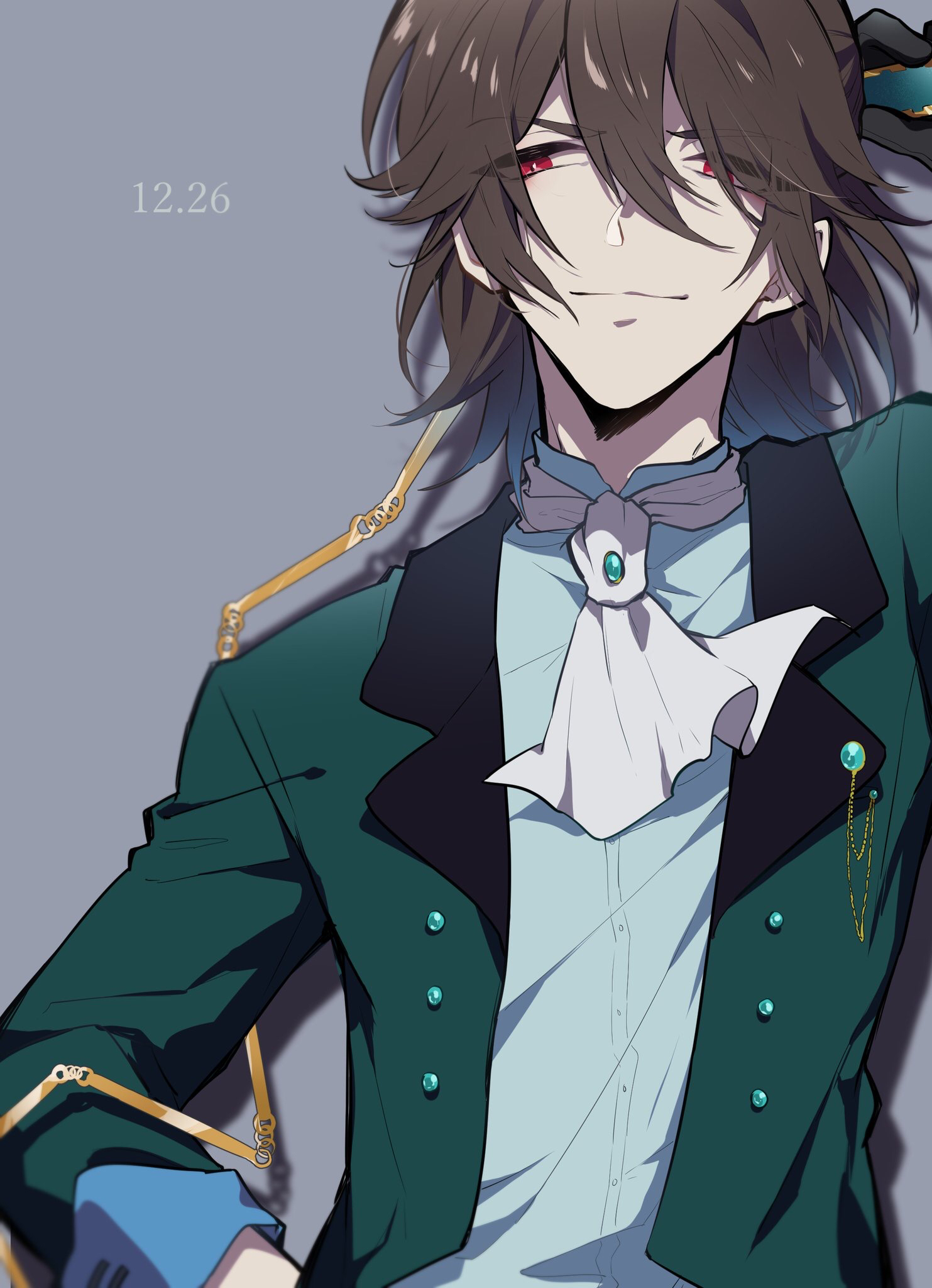 Safebooru - 1boy ascot black gloves blue shirt brooch bungou to alchemist double-parted bangs ...