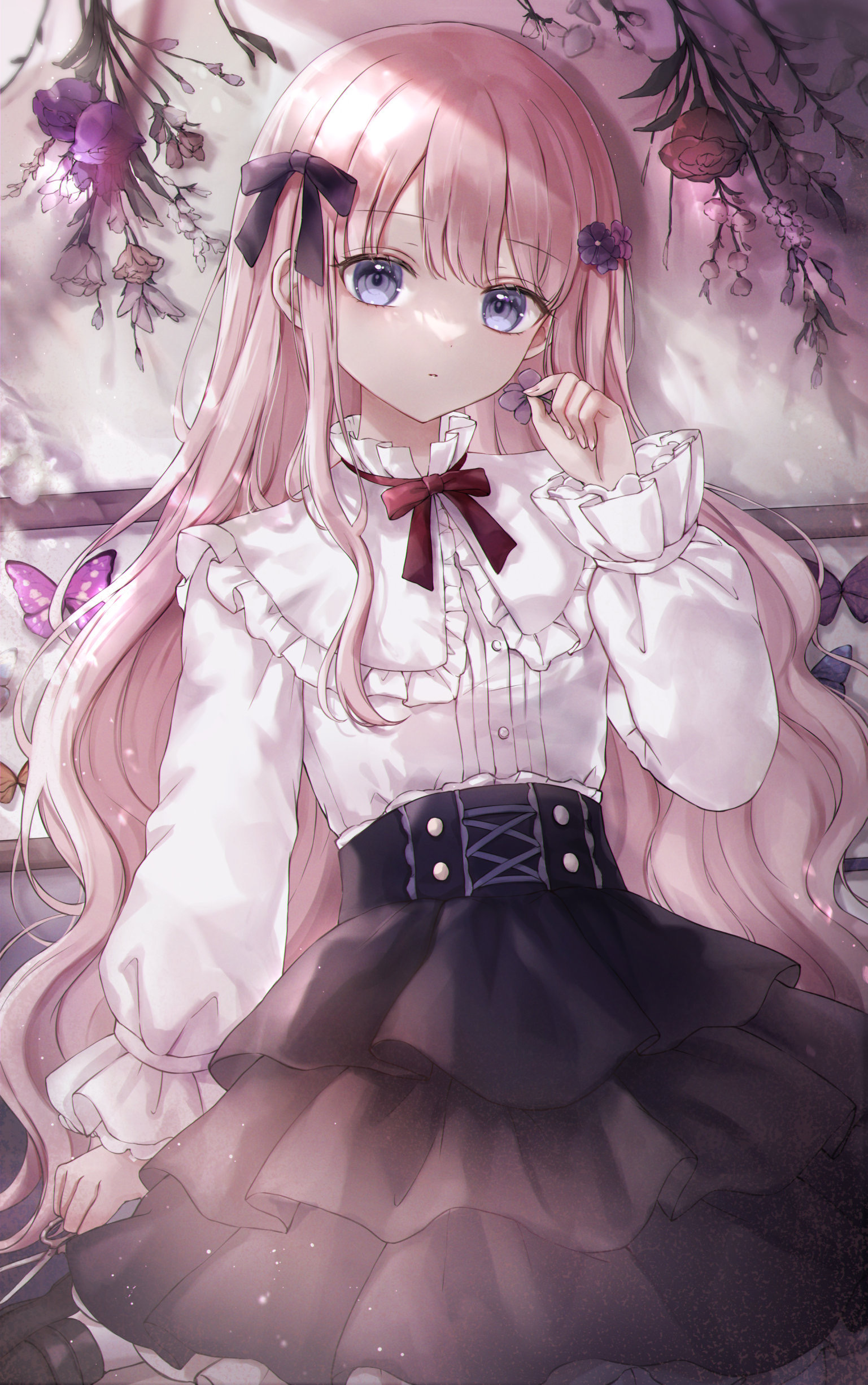 Safebooru - 1girl absurdres black bow black skirt blush bow bowtie breasts bug butterfly buttons ...