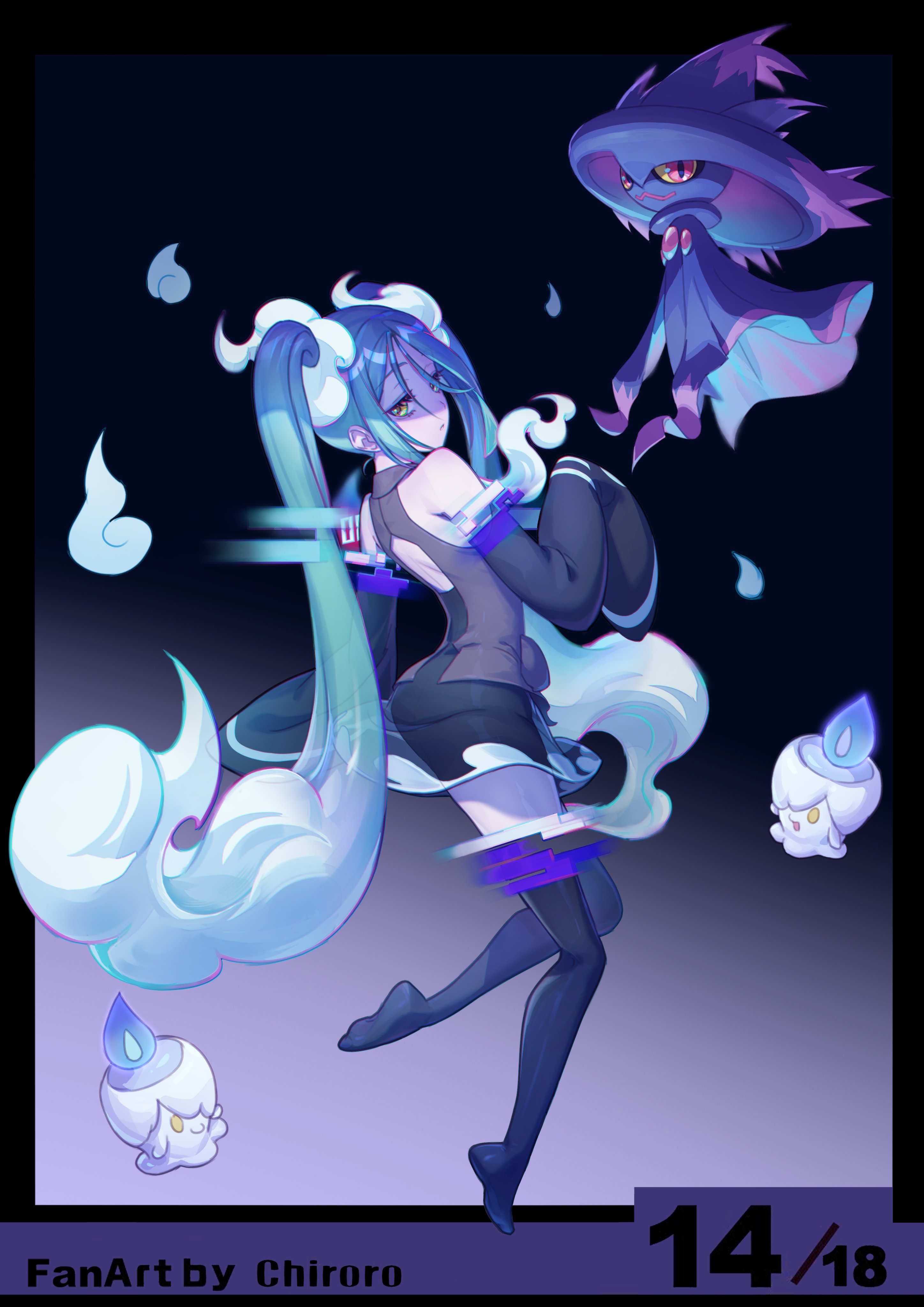 Safebooru - 1girl absurdres artist name back cutout black sleeves black thighhighs blue fire ...