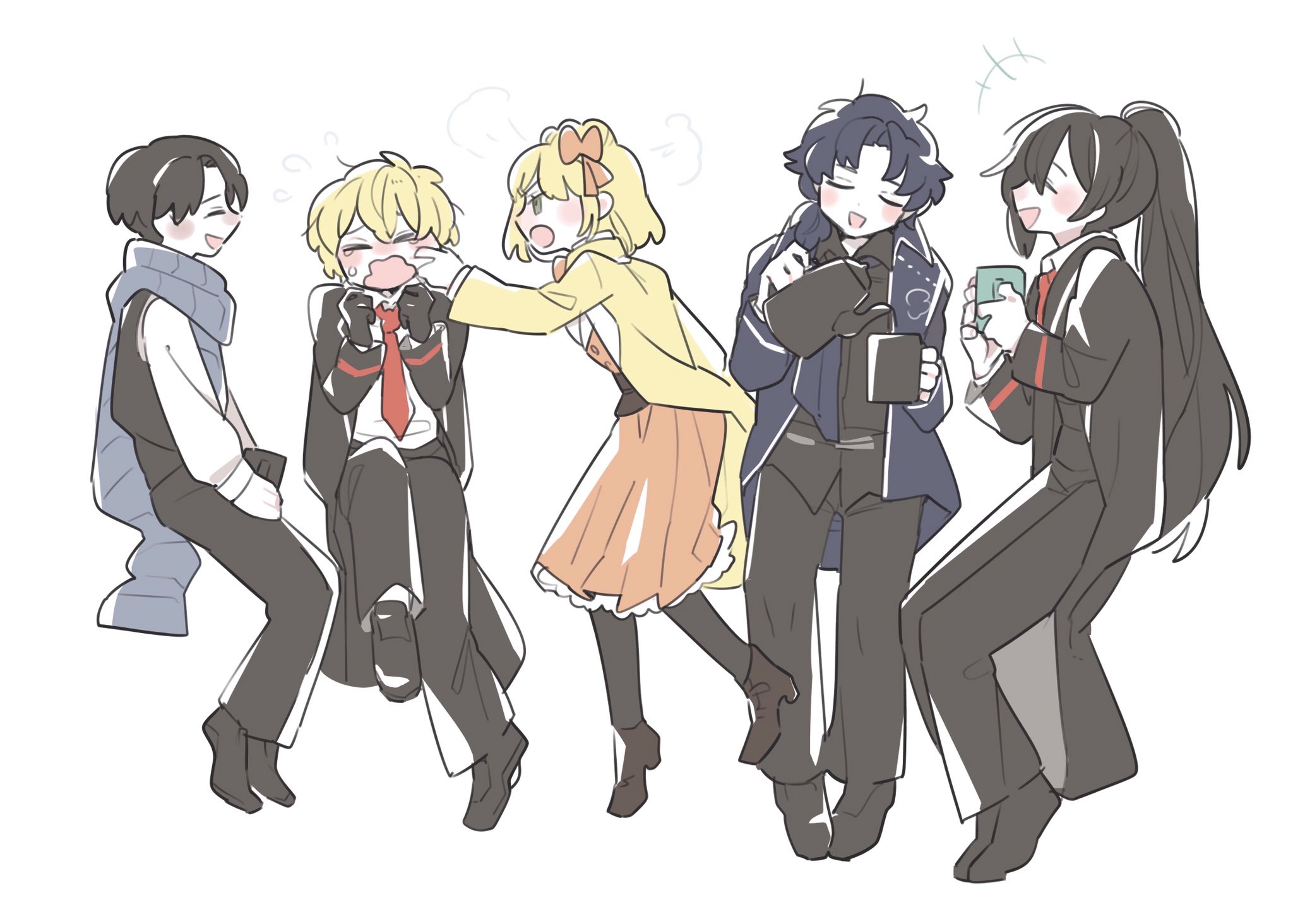 Safebooru - 1girl 4boys :d black coat black gloves black hair black pants black pantyhose black ...
