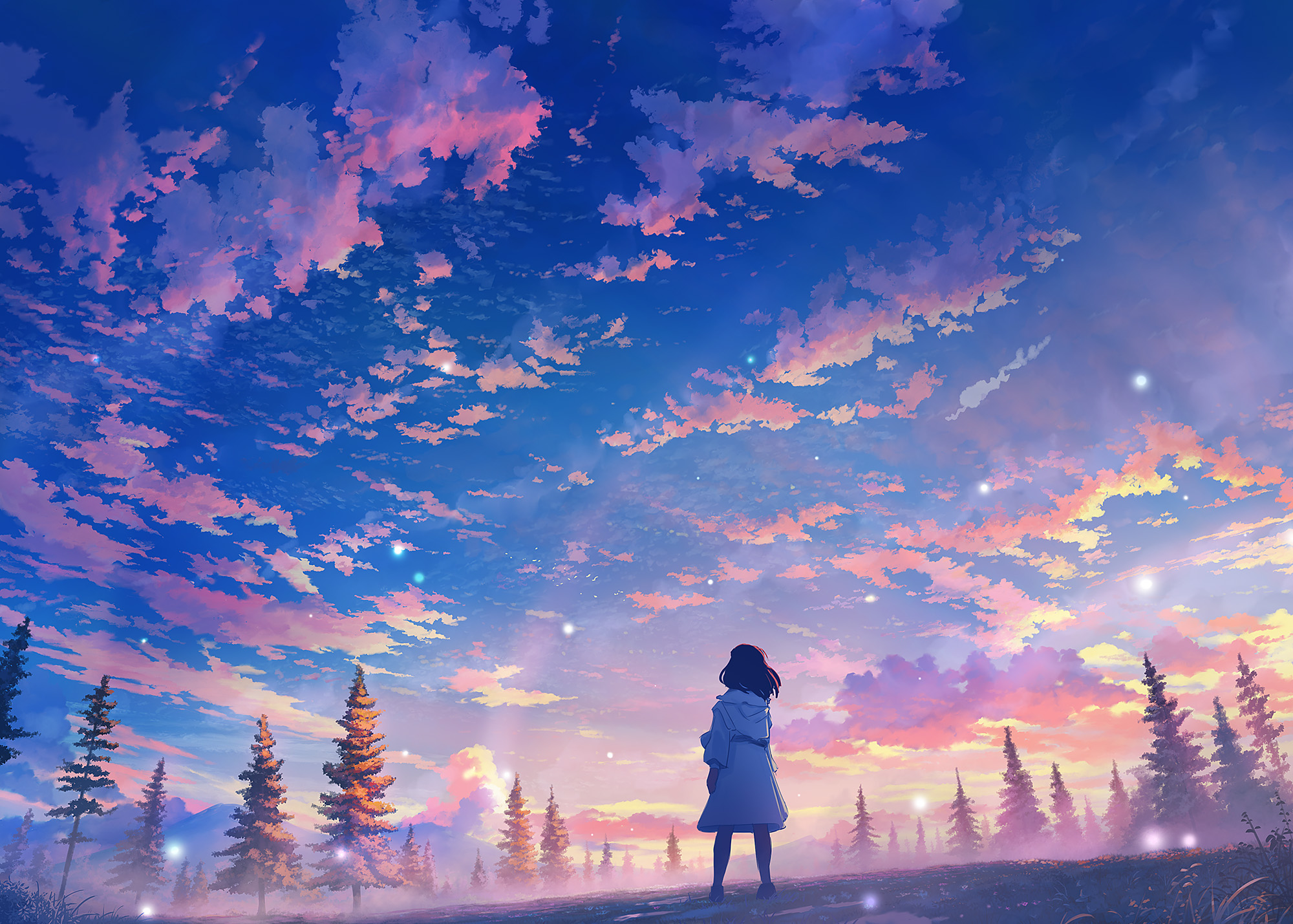 Safebooru - 1girl black hair blue sky clouds coat commentary evening ...