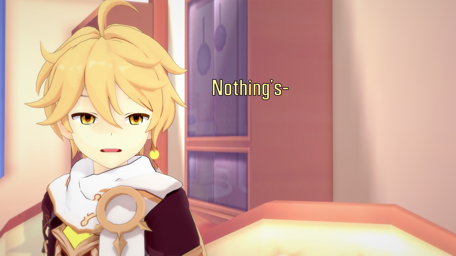 Safebooru - 1boy 3d aether (genshin impact) blonde hair brown eyes couch english text genshin ...