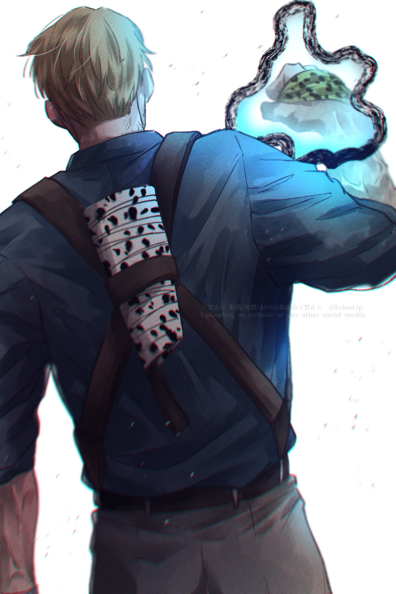 Safebooru - 1boy arm up aura belt black belt blonde hair blue shirt chest harness cowboy shot ...