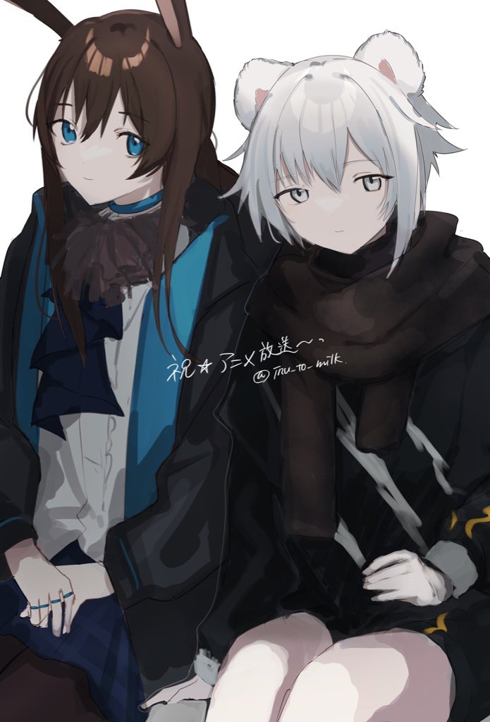 Safebooru - 2girls amiya (arknights) animal ears arknights black jacket black scarf blue eyes ...