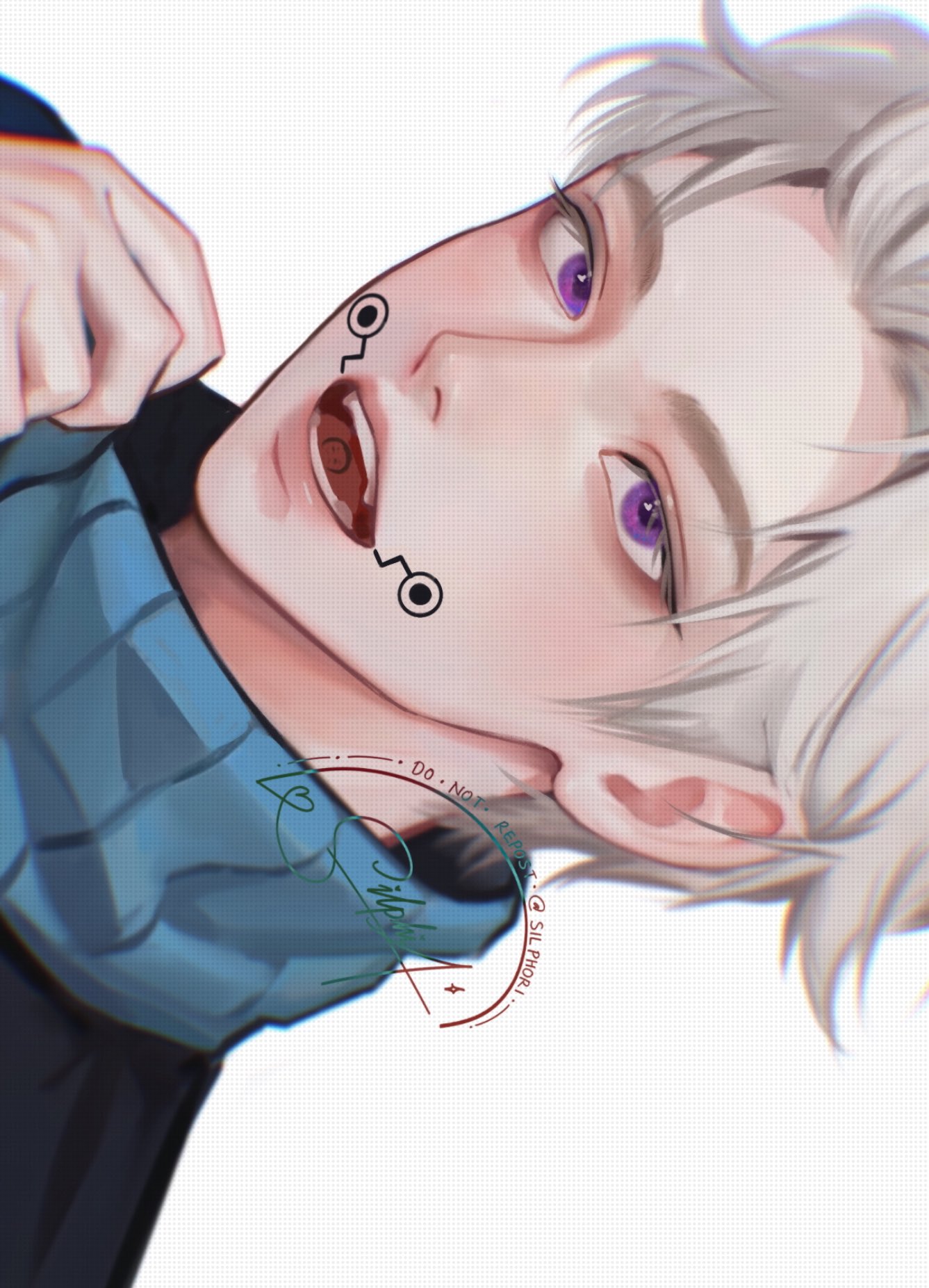 Safebooru - 1boy bishounen blue scarf facial tattoo grey hair hand up ...