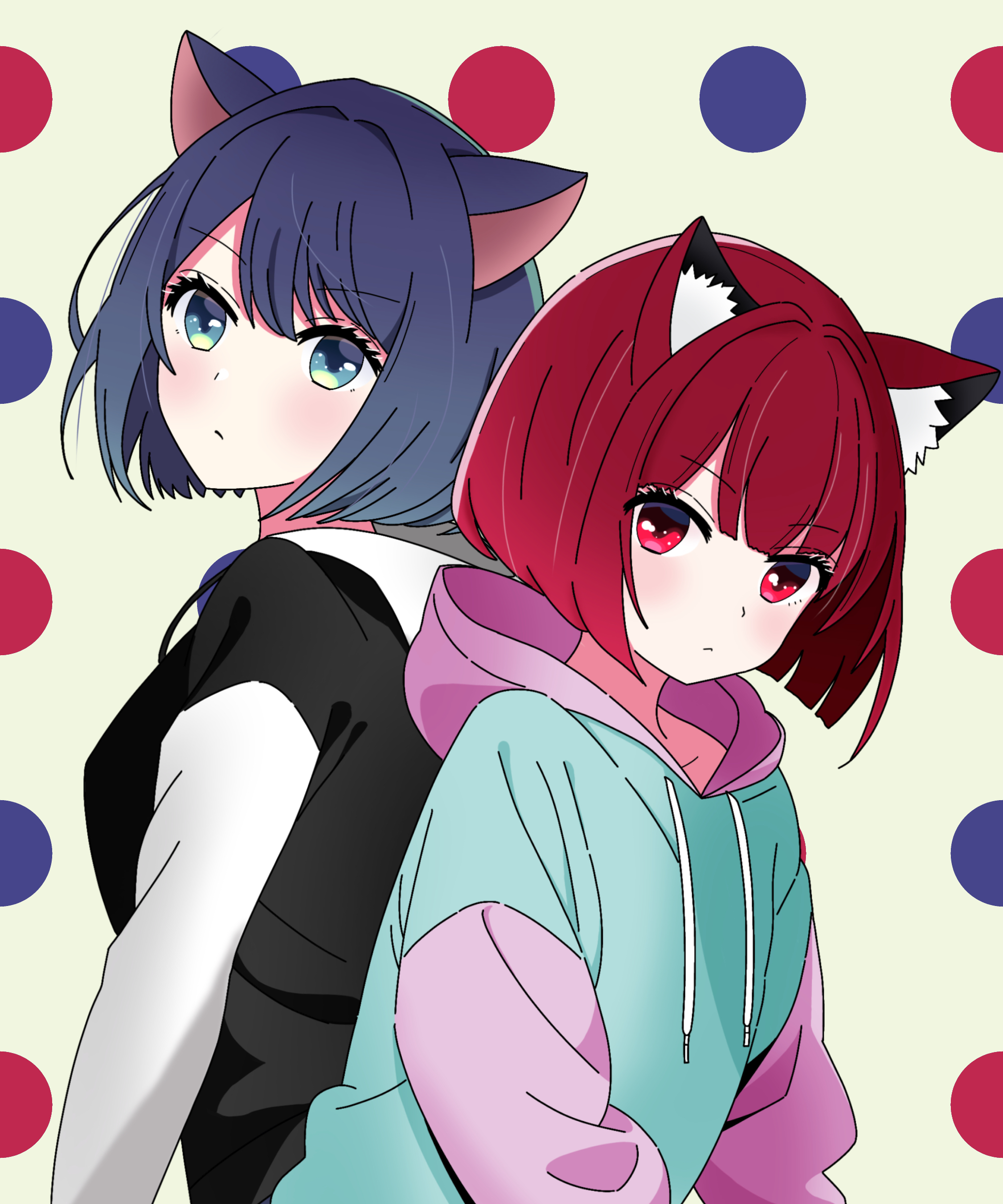 Safebooru - 2girls absurdres animal ears arima kana black hoodie blue hair blue hoodie bokutaaaa ...