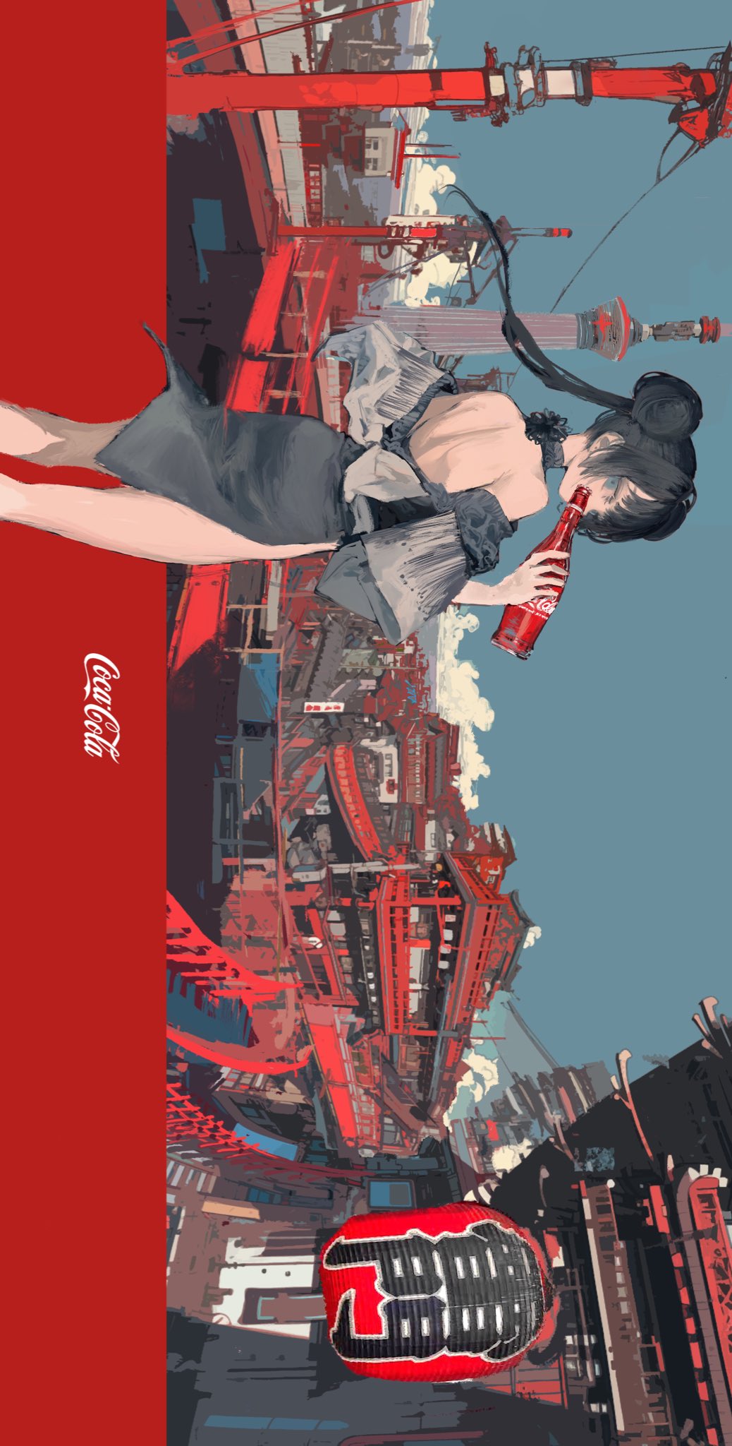 Safebooru - 1girl architecture black hair blue archive clouds cloudy sky coca-cola double bun ...