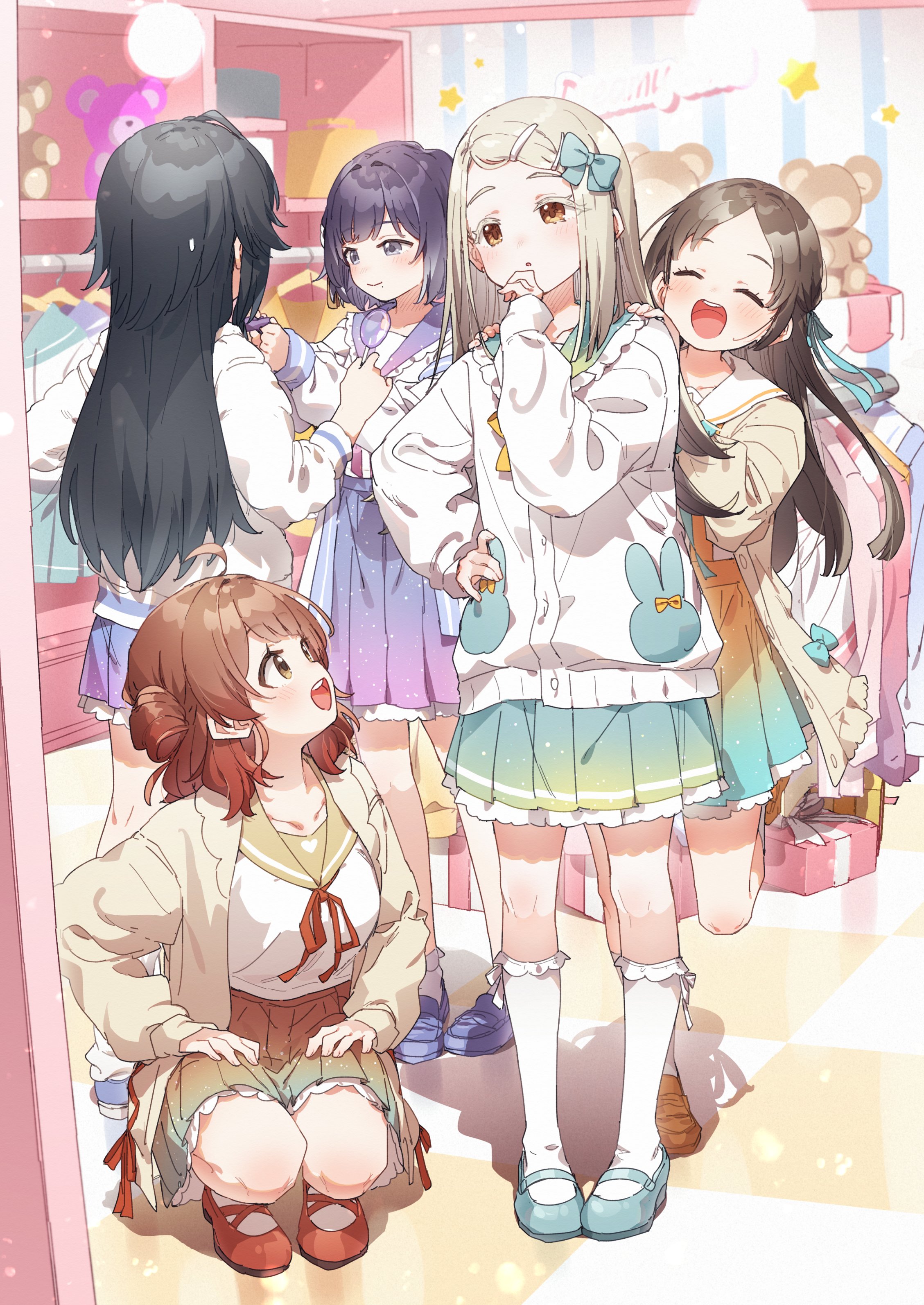 Safebooru - 5girls ^ ^ absurdres adjusting another's clothes ahoge black hair blonde hair blush ...