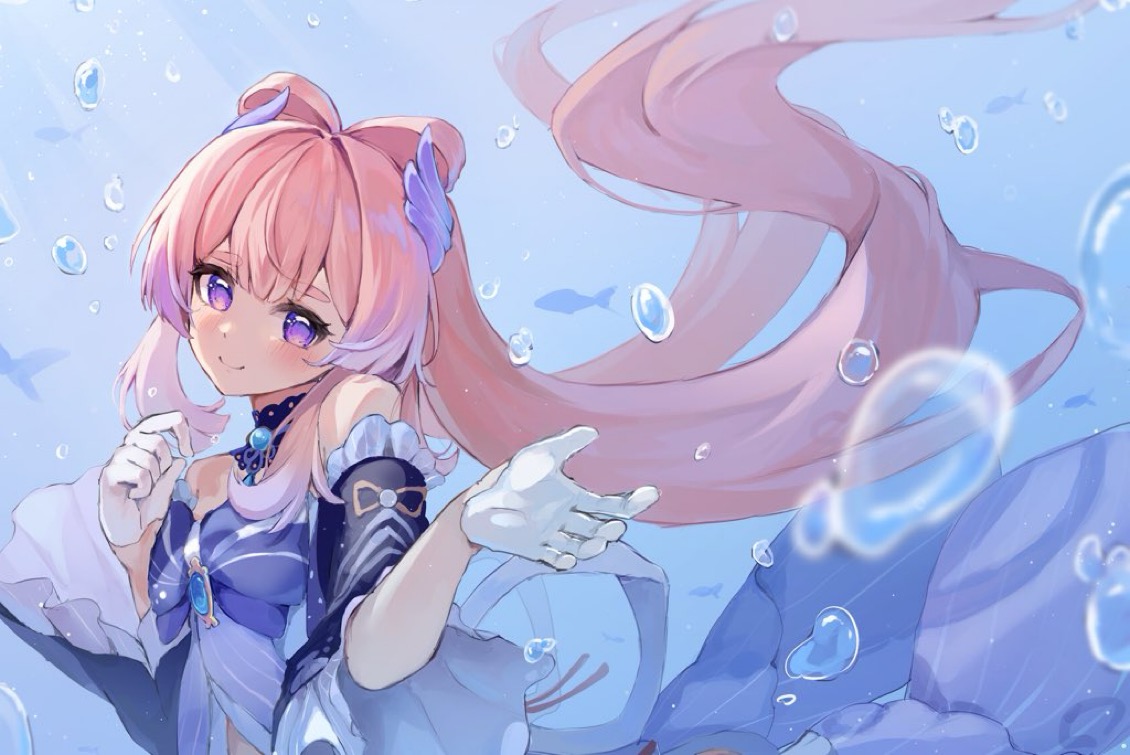 Safebooru - 1girl bare shoulders blue bow blush bow bow-shaped hair breasts bubble closed mouth ...