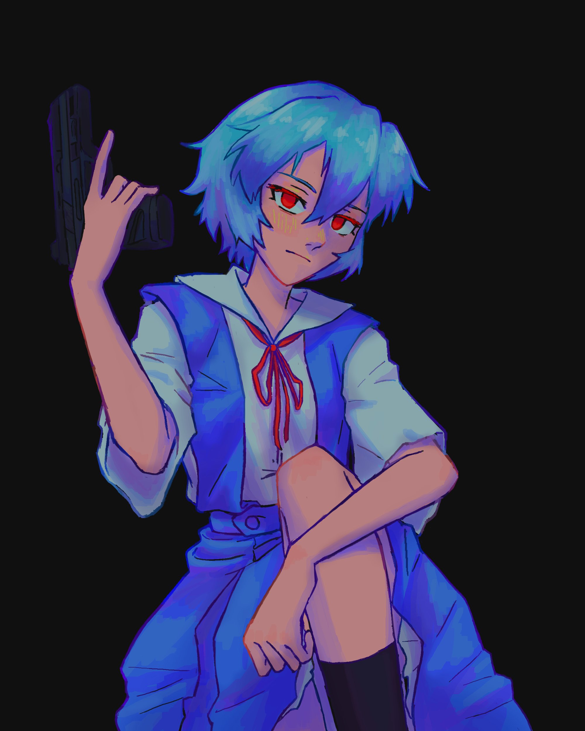 Safebooru - 1girl absurdres ayanami rei black background black socks blue hair blue skirt closed ...
