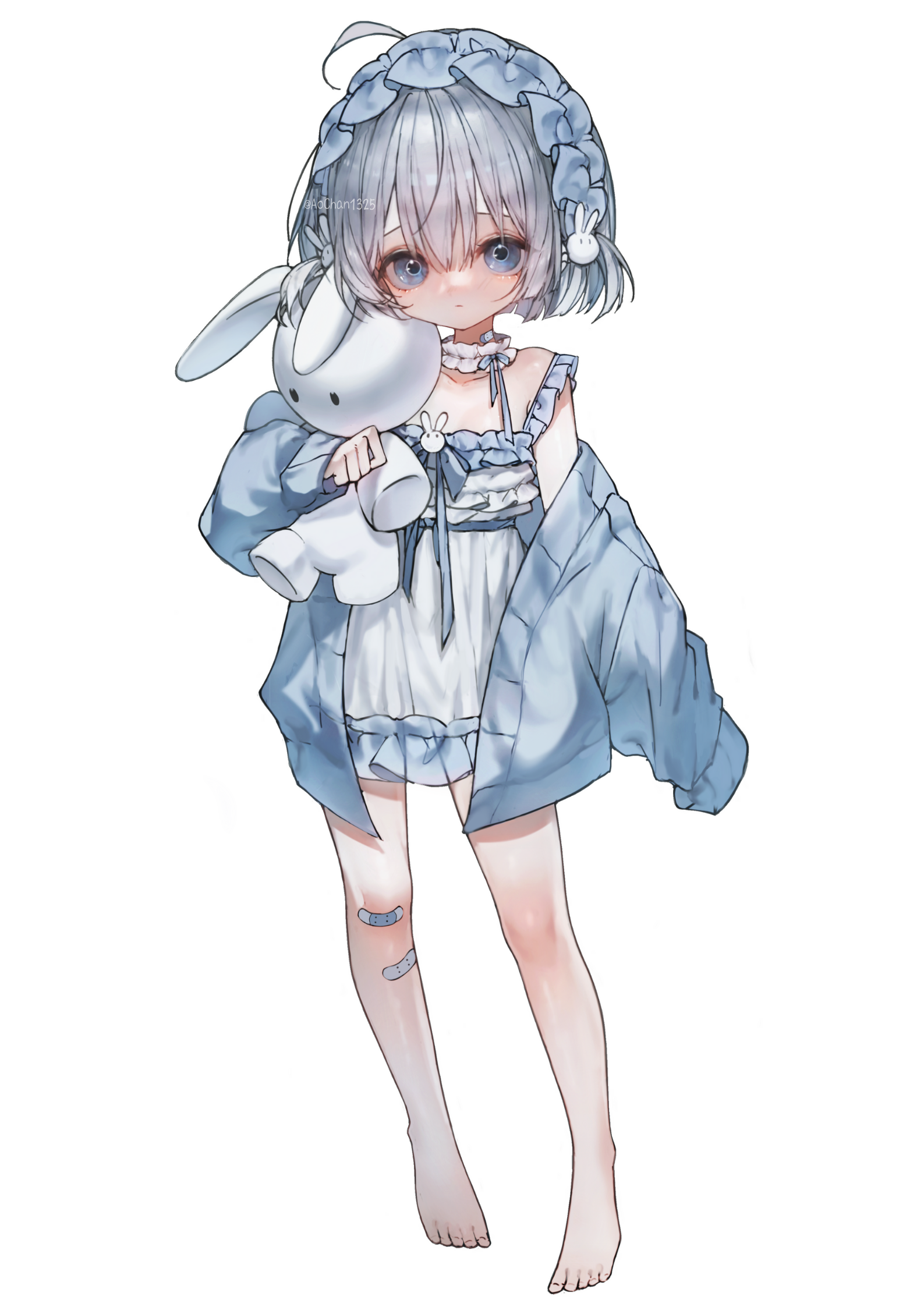 Safebooru - 1girl ahoge aochan 1325 bandaid bandaid on knee bandaid on leg barefoot blue ...