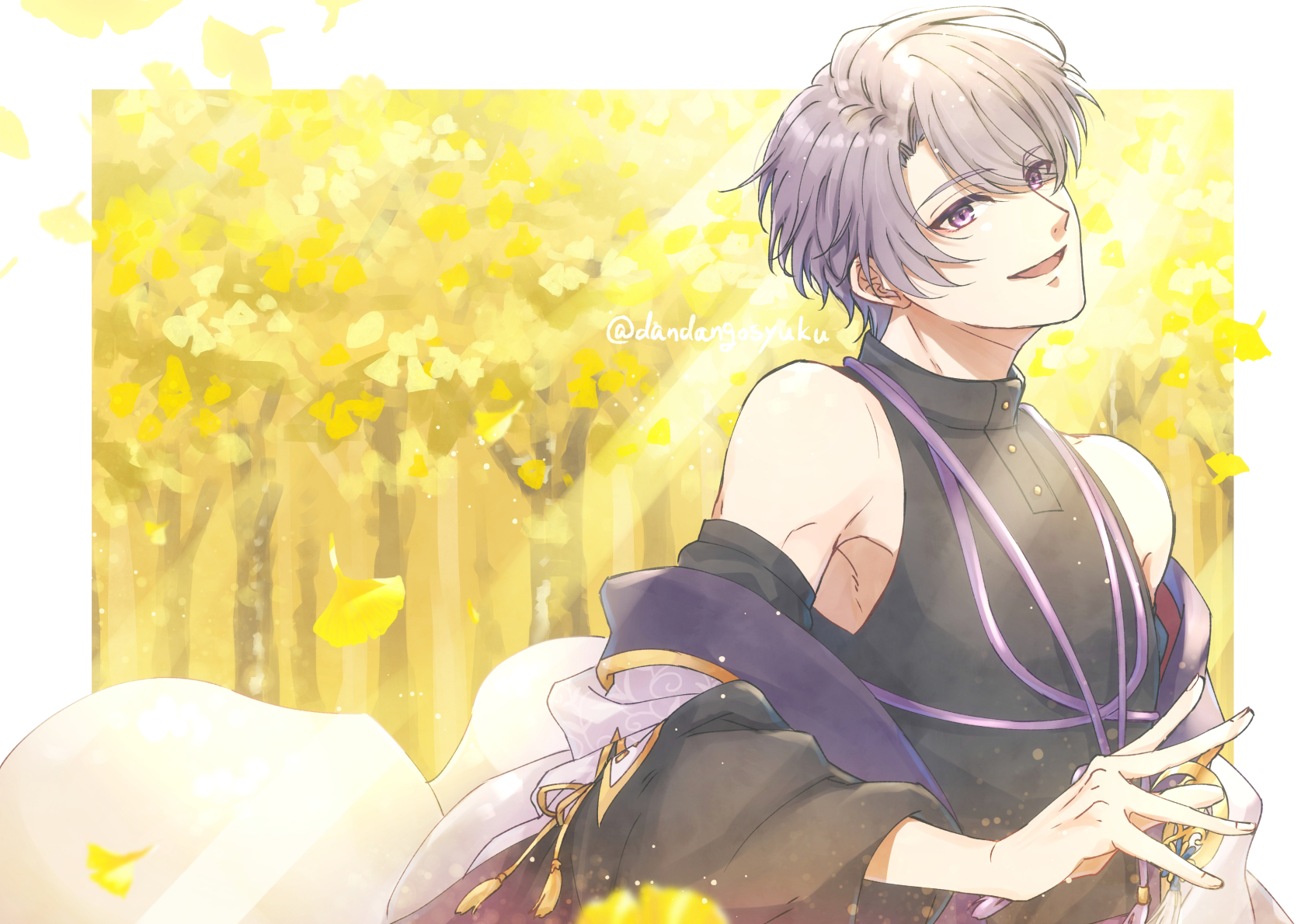 Safebooru - 1boy :d autumn leaves bare shoulders black shirt border bungou to alchemist crescent ...