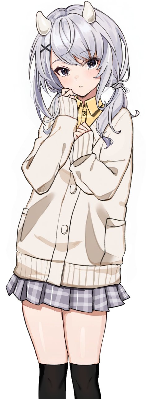 Safebooru - 1girl black thighhighs cardigan collared shirt fake horns feet out of frame grey ...