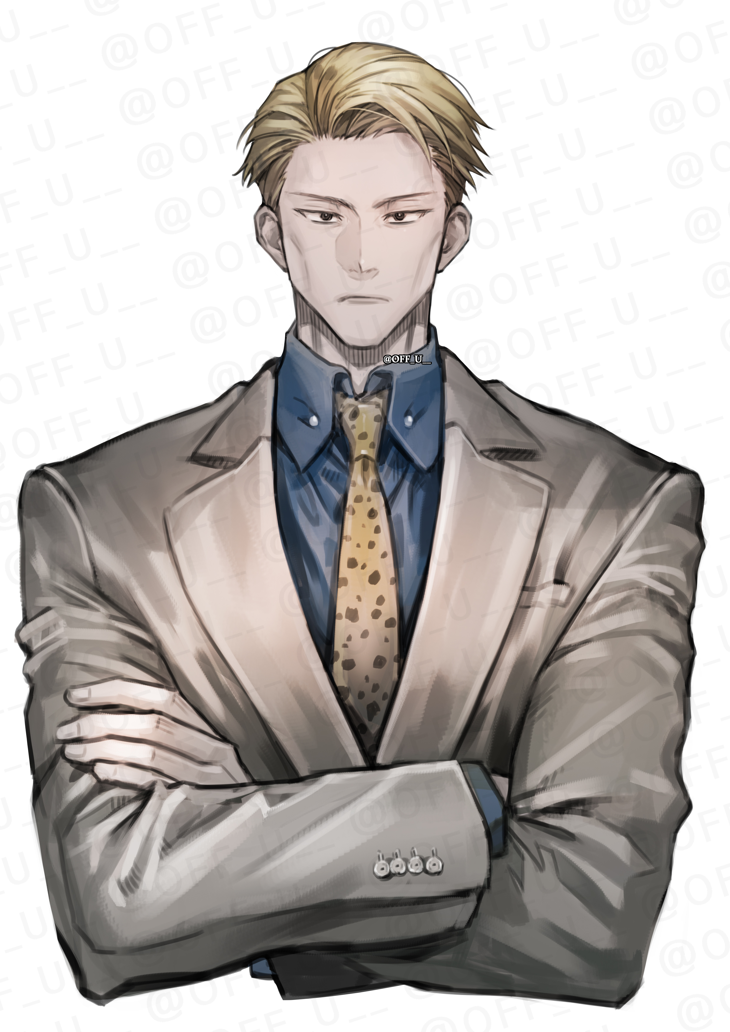 Safebooru - 1boy absurdres animal print blonde hair blue shirt brown eyes collared shirt crossed ...