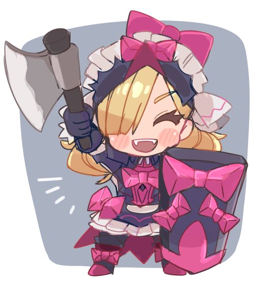 Safebooru - 1girl :d armor axe blonde hair blush chibi closed eyes ...