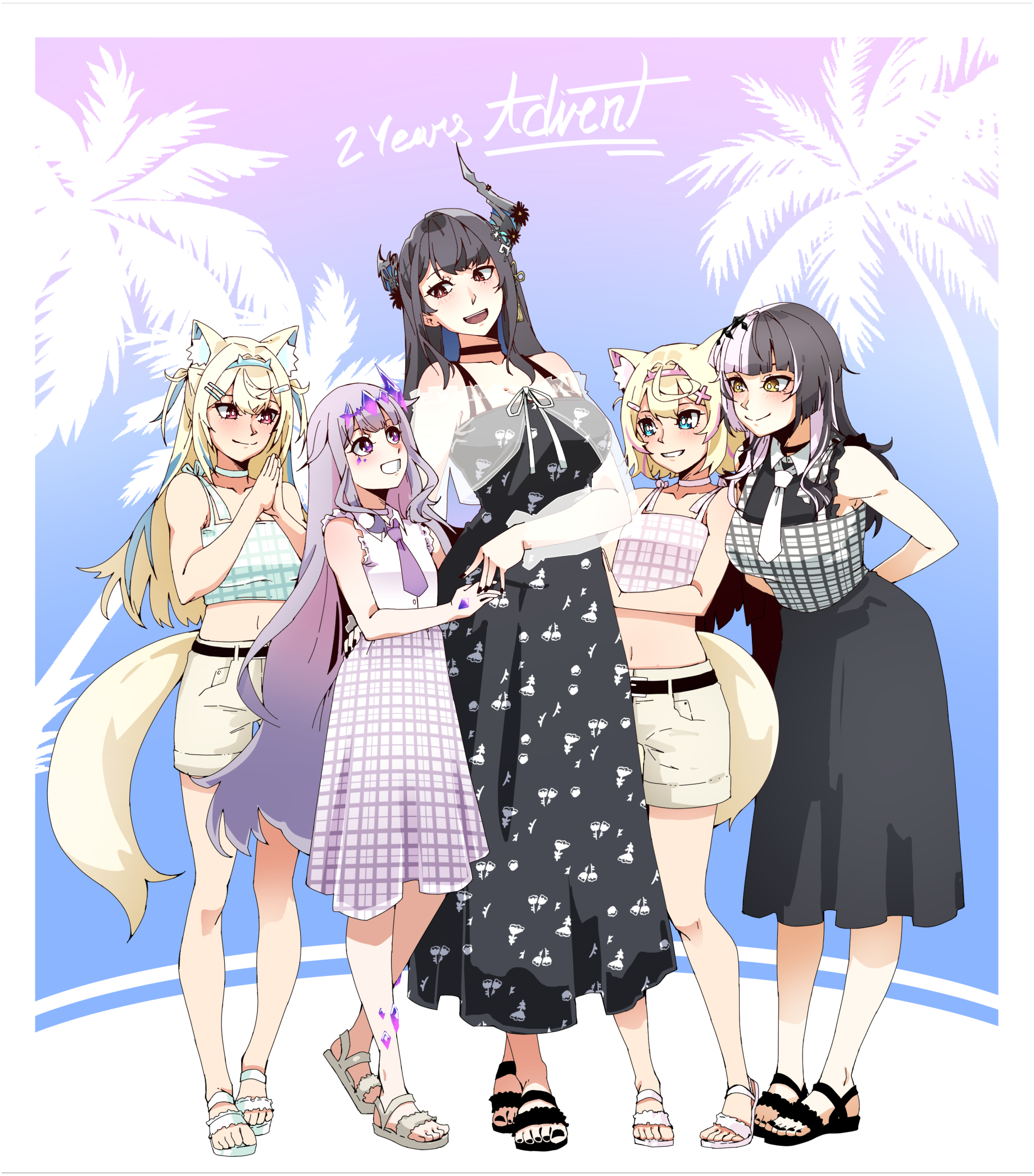 Safebooru - 5girls :d ahoge animal ear fluff animal ears arms behind back asymmetrical horns ...