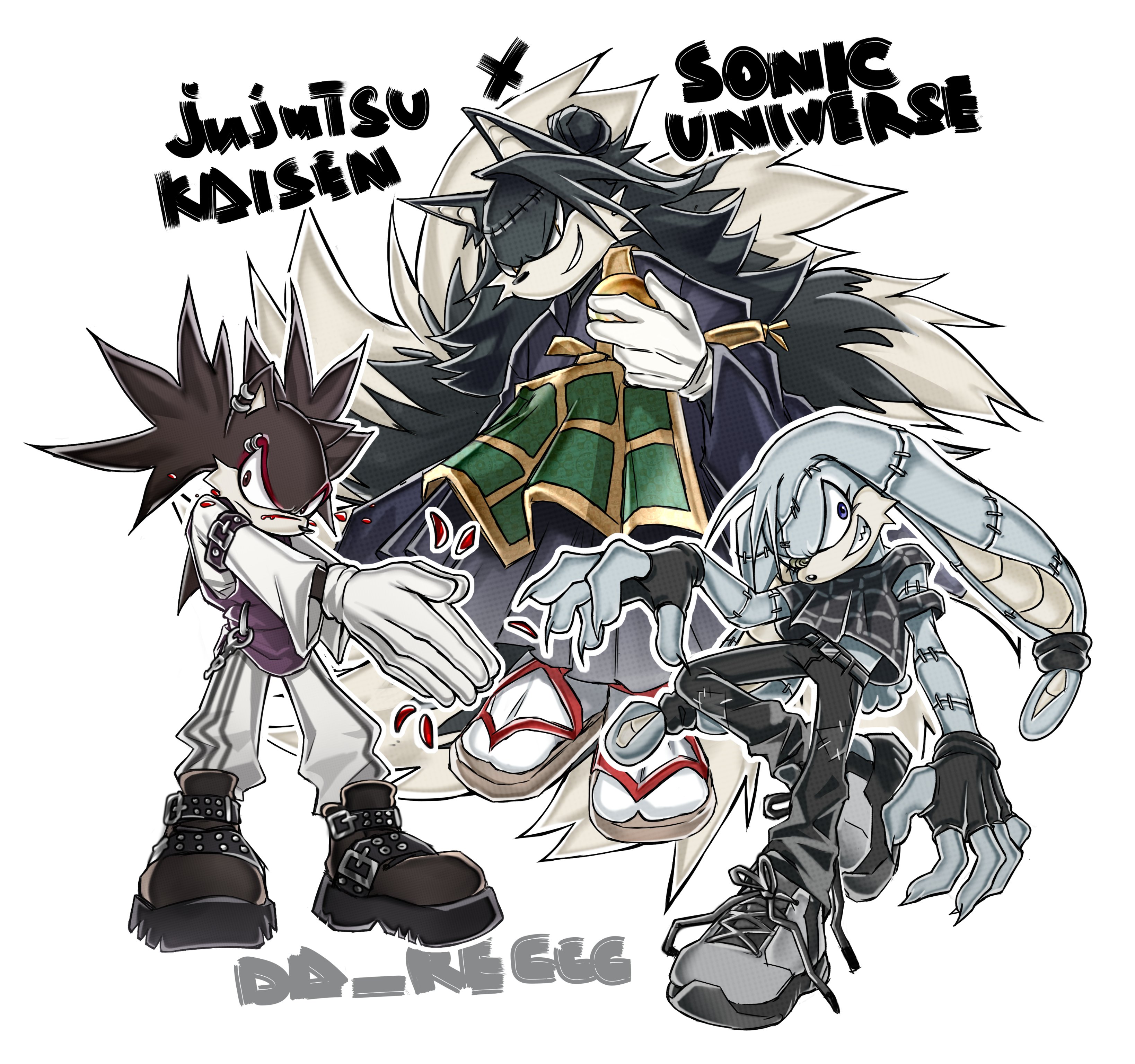 Safebooru - 3boys absurdres animal ear piercing animal ears artist name black gloves black pants ...