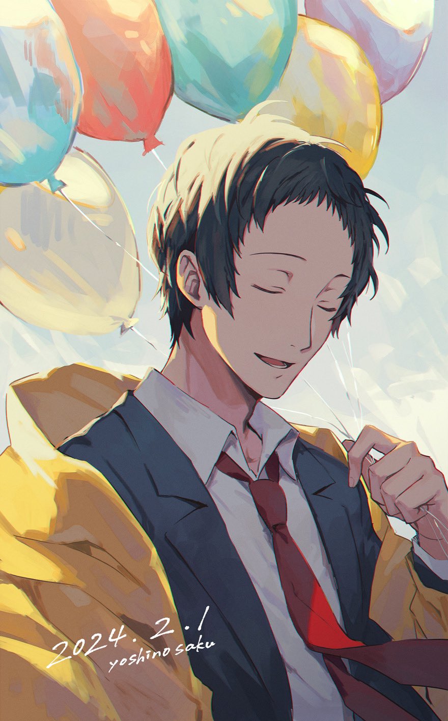 Safebooru - 1boy adachi tooru backlighting balloon black hair black ...