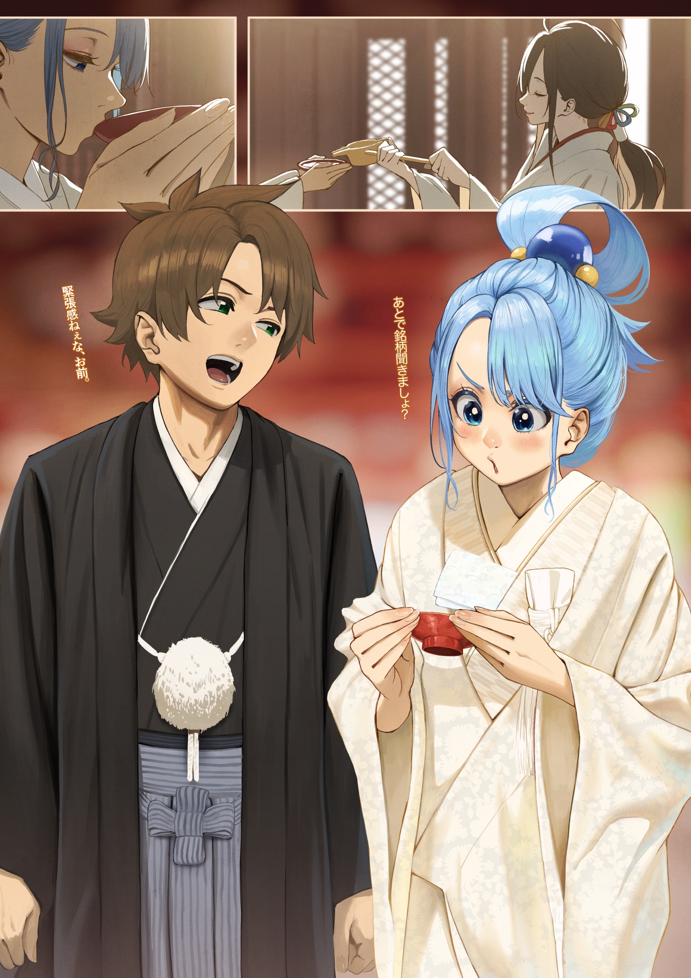 Safebooru - 1boy 2girls ahoge alcohol aqua (konosuba) blue eyes blue hair blush brown hair choko ...