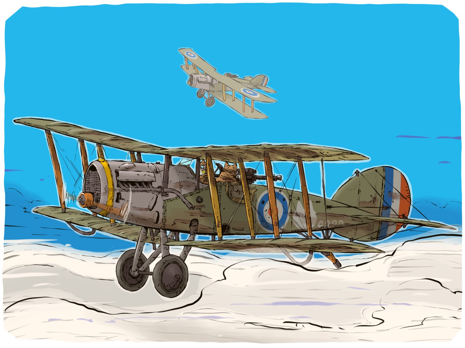 Safebooru - 2boys above clouds aircraft aircraft turret airplane ...