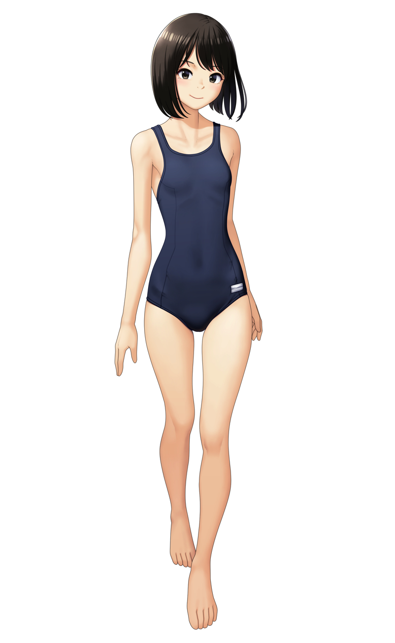 Safebooru - 1girl barefoot black hair black one-piece swimsuit breasts brown eyes collarbone ...