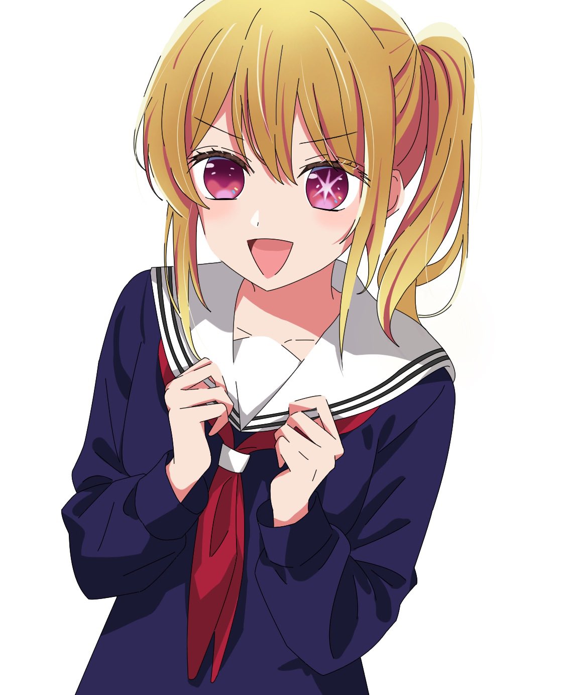 Safebooru - 1girl :d blonde hair blue shirt commentary hair between eyes highres hoshino ruby ...