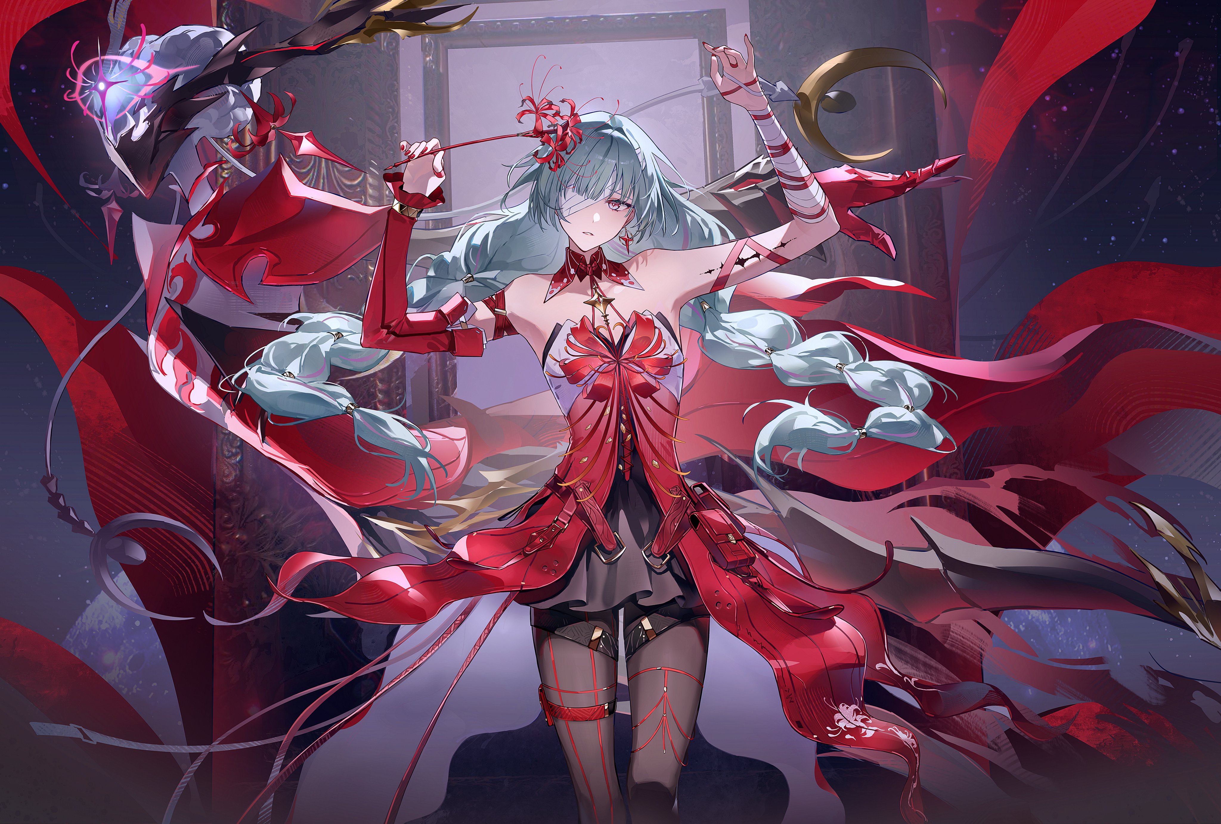 Safebooru - 1girl absurdres arm ribbon bandage over one eye bandaged arm bandages bare shoulders ...