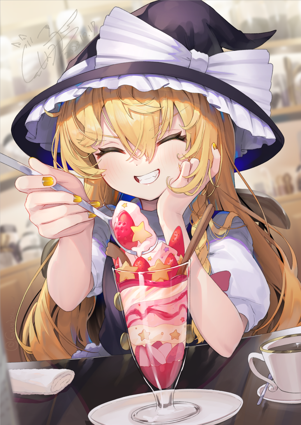 Safebooru - 1girl black headwear black vest blonde hair blush bow braid closed eyes fingernails ...