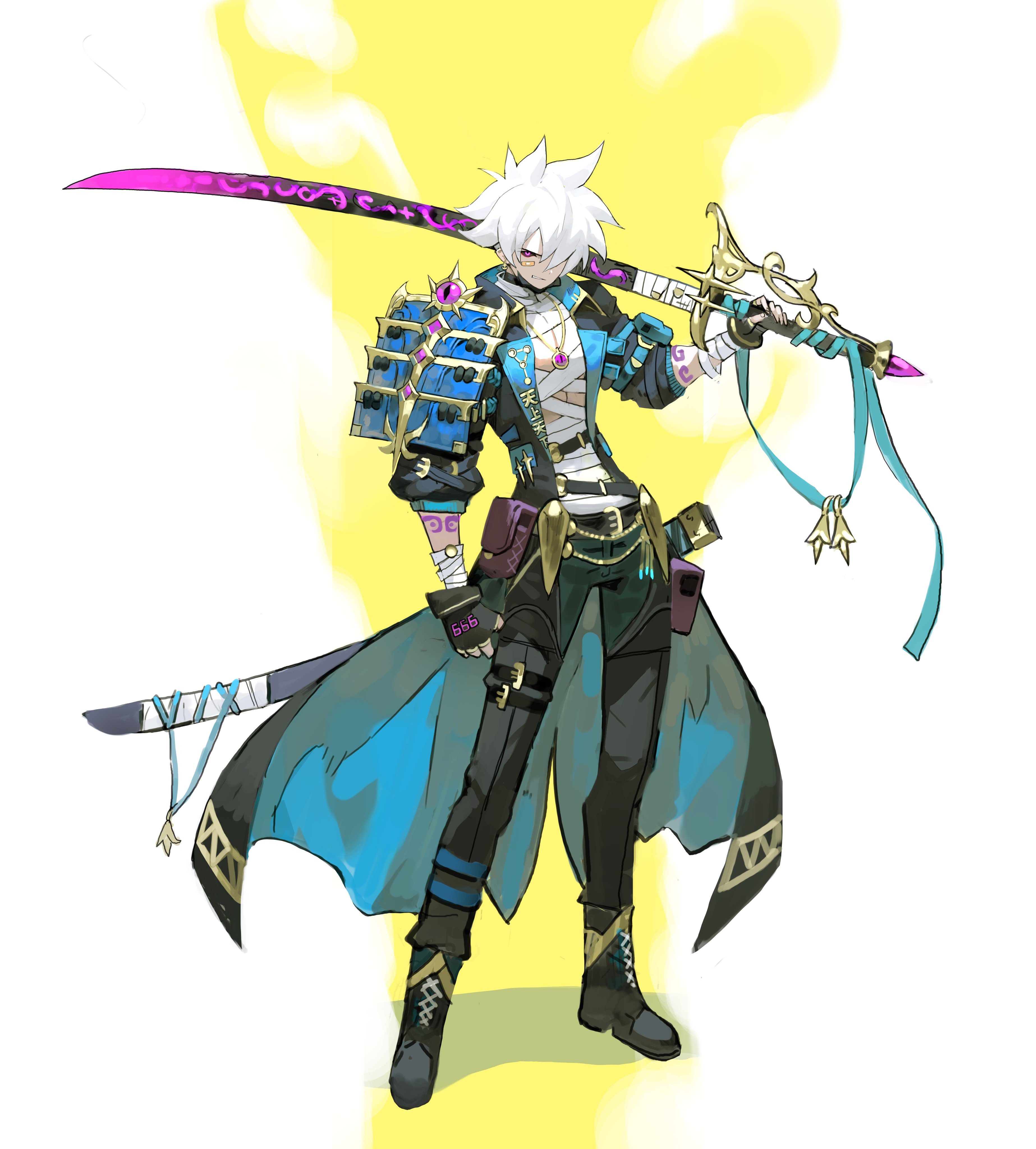 Safebooru - 1boy absurdres arowana2111 bandaged chest bandaged wrist bandages belt black belt ...